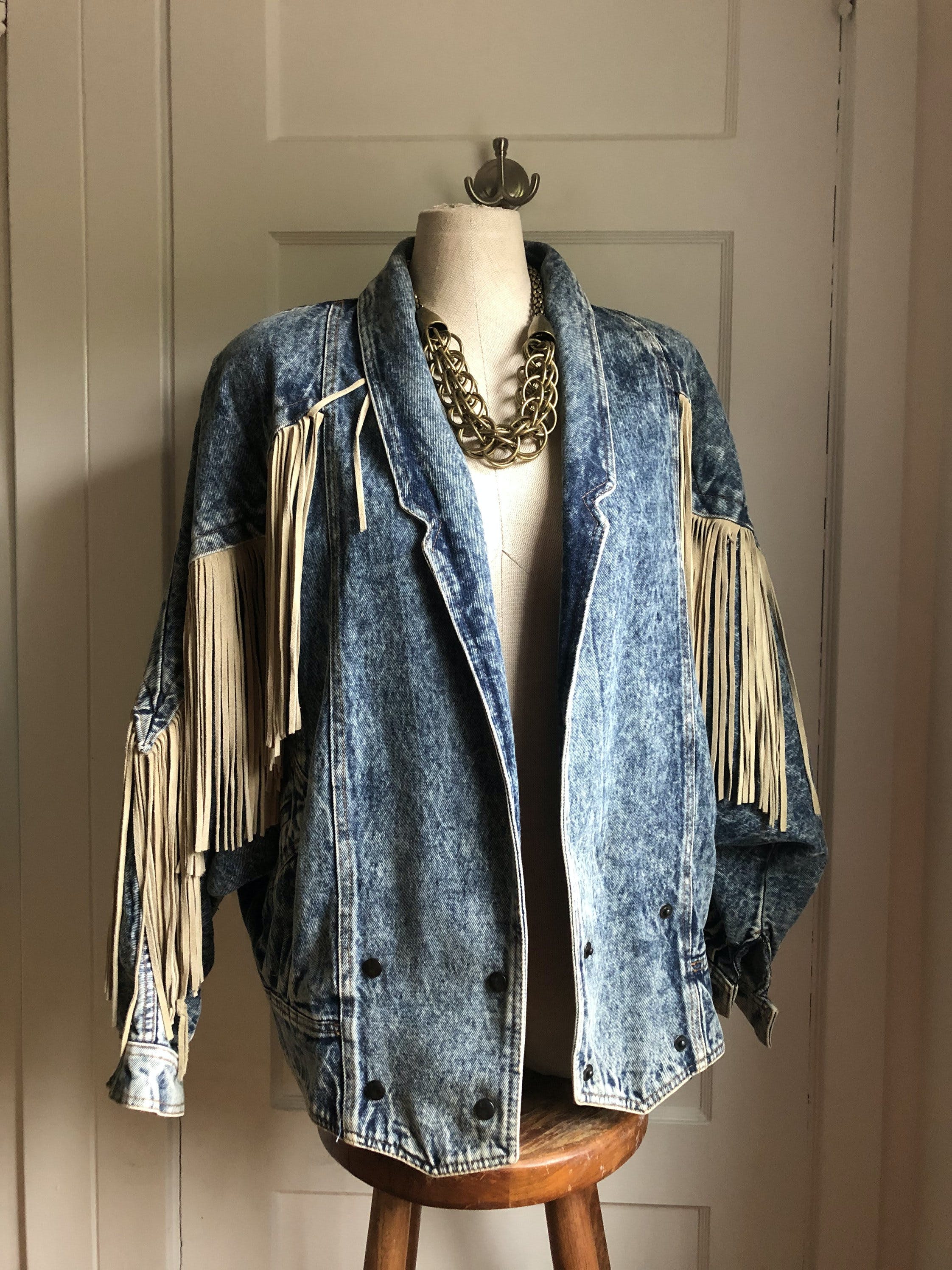 Vintage 80’s Blue Cowhide Fringe Denim Jacket | Shop THRILLING