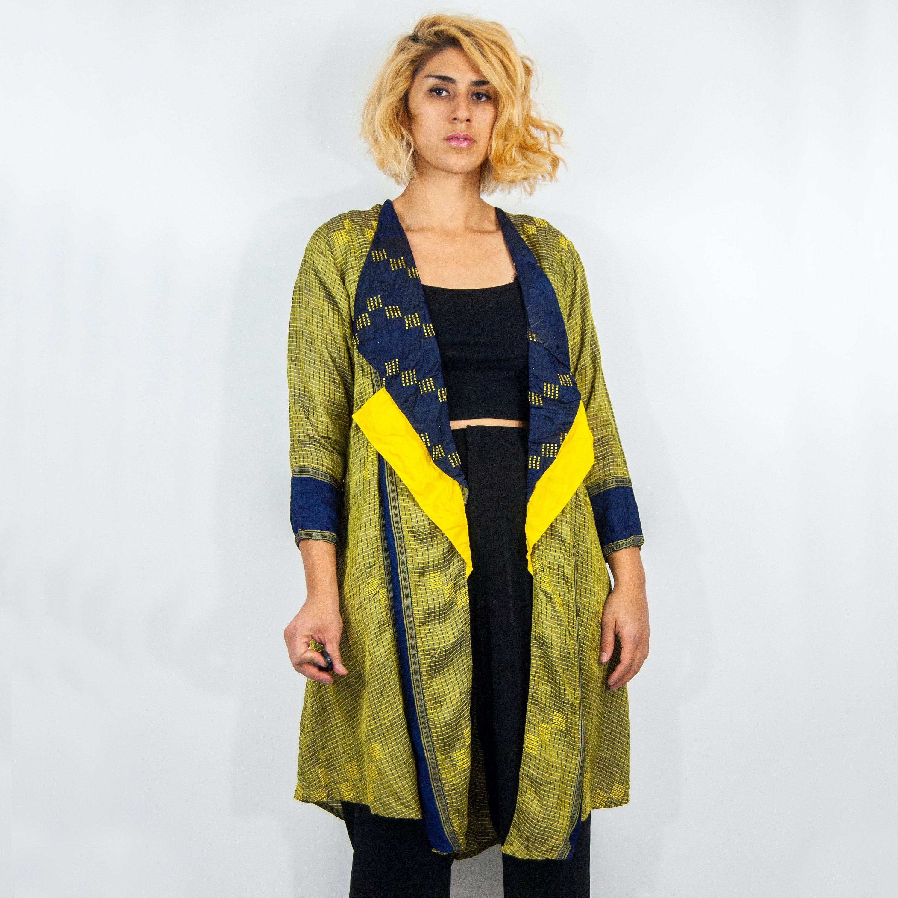Vintage 70's Yellow and Blue Checkered Silk Overcoat by Xerxes H ...