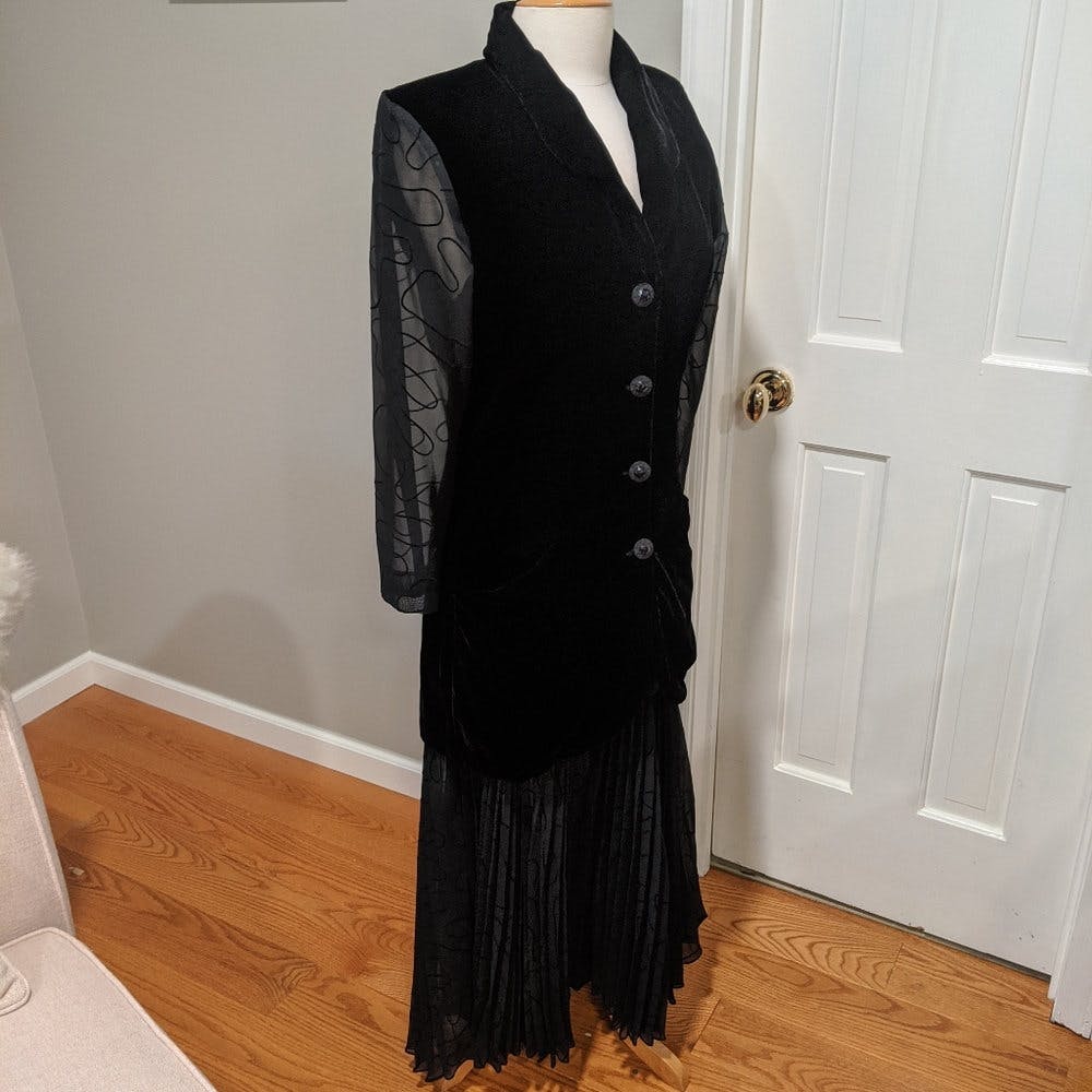 Vintage Black Velvet Sheer Sleeve Jacket with Pleated Maxi Skirt Set by ...