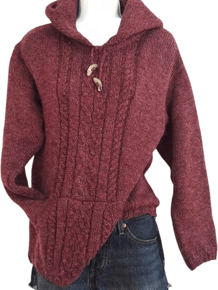 Vintage Red Merino Wool Cable Knit Oversized Sweater with Hood by Aran ...