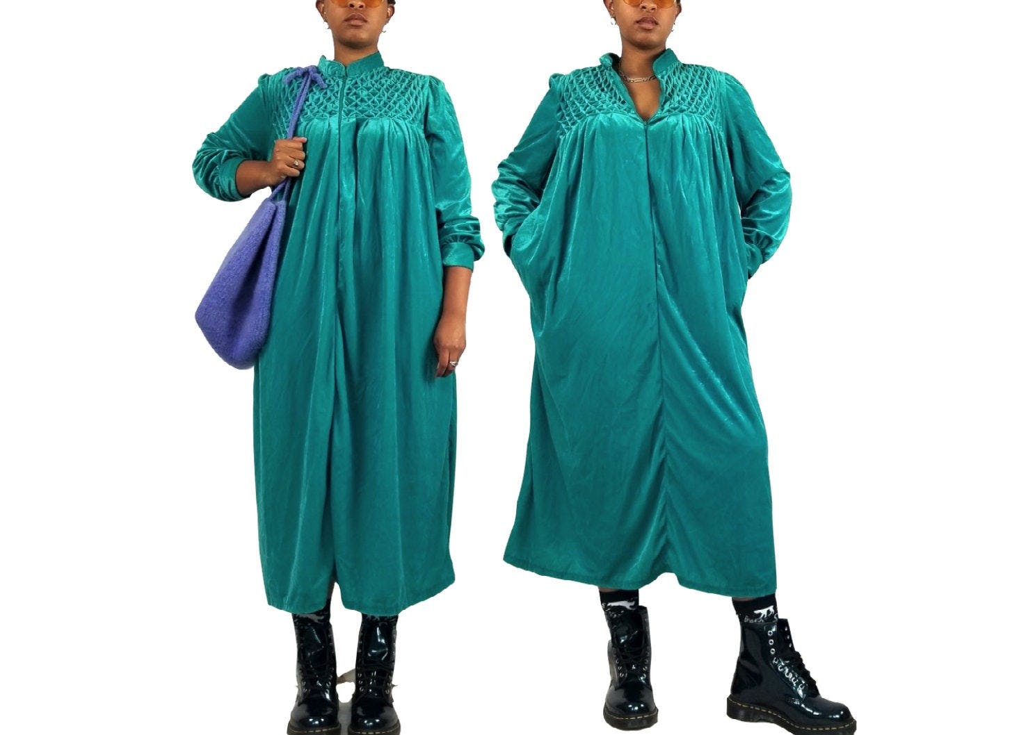 Vintage 80's/90's Green and Blue Velvet Half Zip Robe | Shop THRILLING