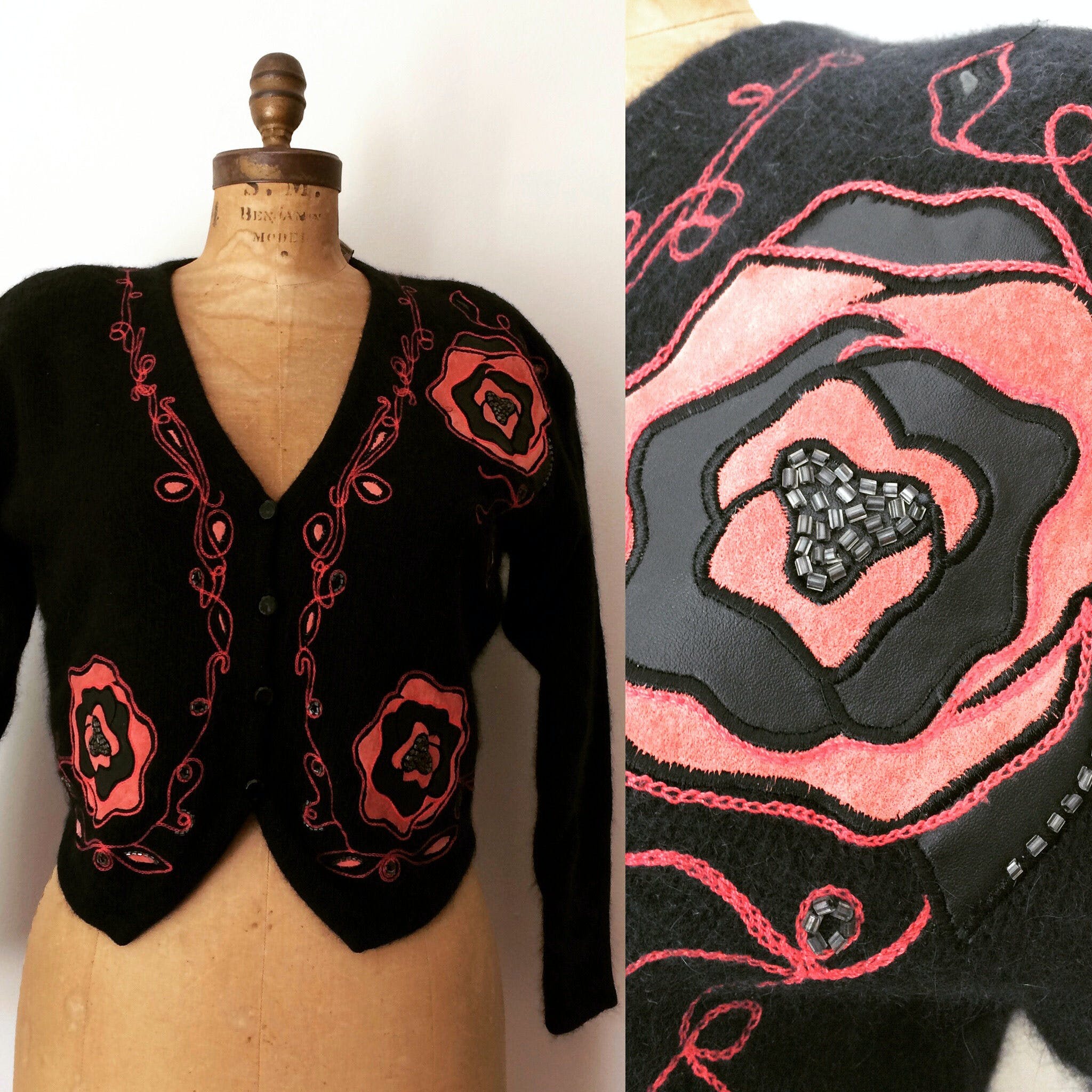 Vintage 80's Black Angora Sweater with Leather Rose | Shop THRILLING