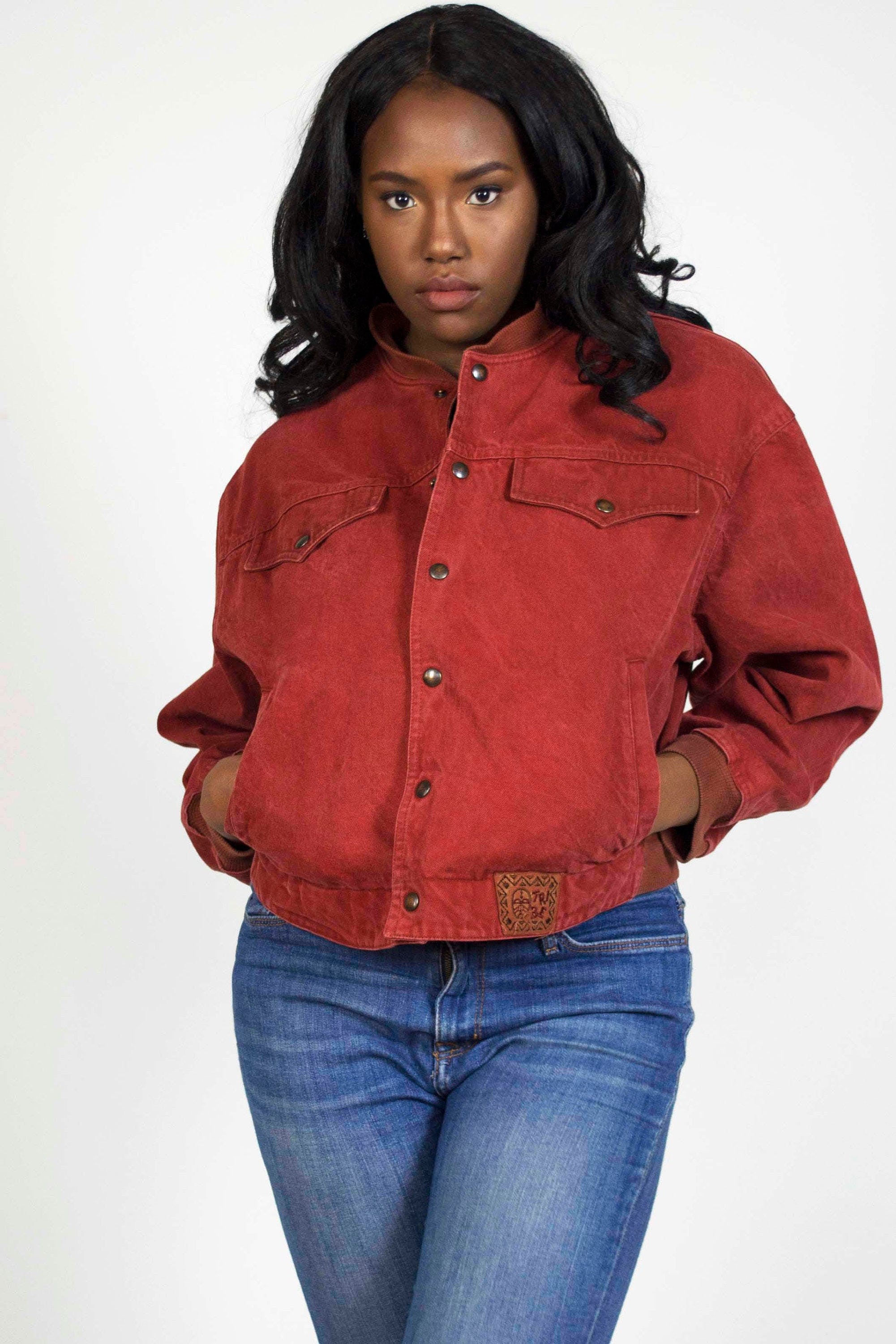 Vintage 70's/80's Red Denim Collarless Jacket by Colombus | Shop THRILLING