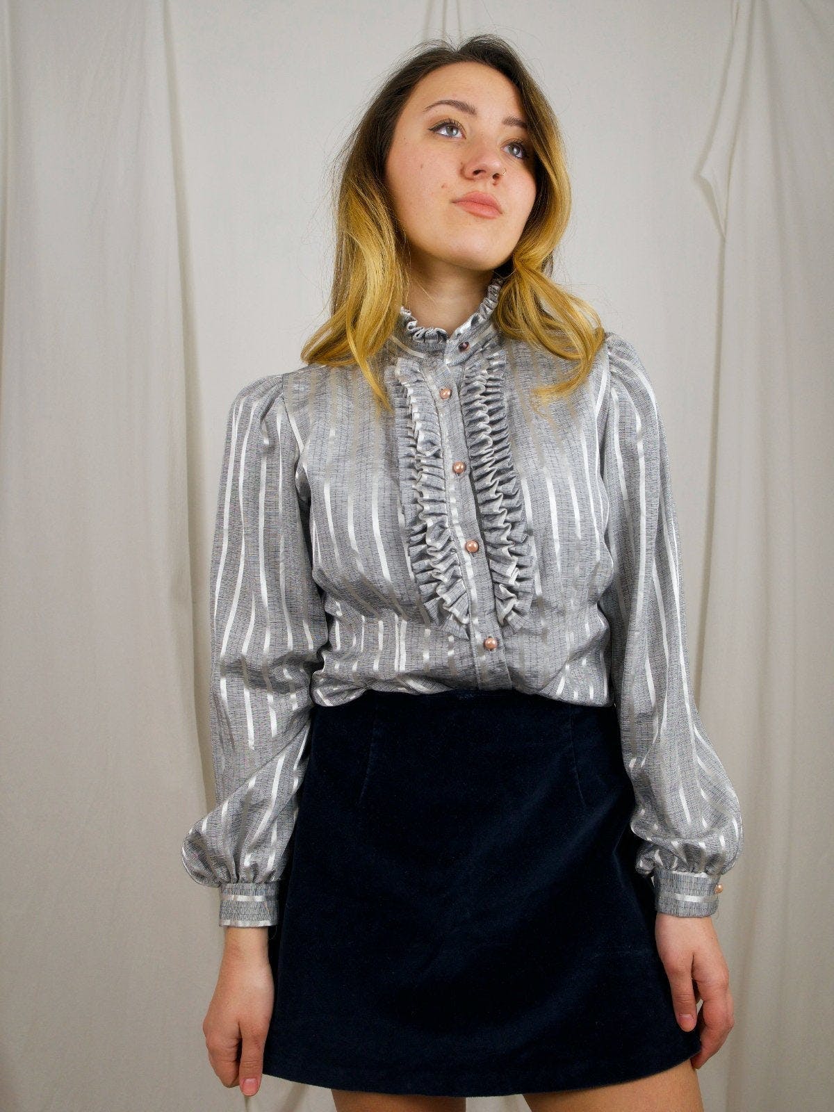 Vintage 80’s Gray Metallic Striped Ruffle Front Blouse | Shop THRILLING