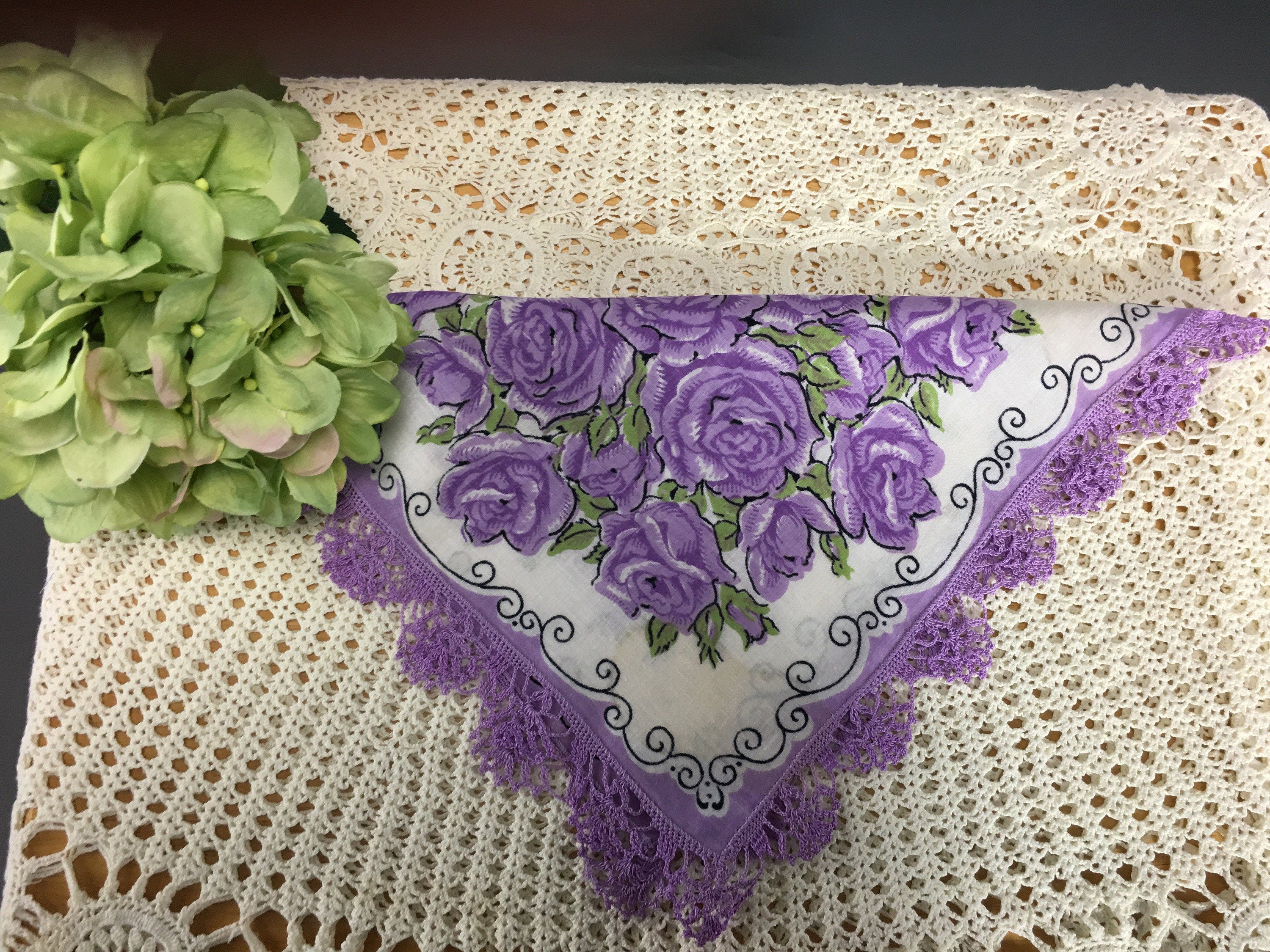 Vintage Purple Rose Handkerchief with Scallop Edge | Shop THRILLING