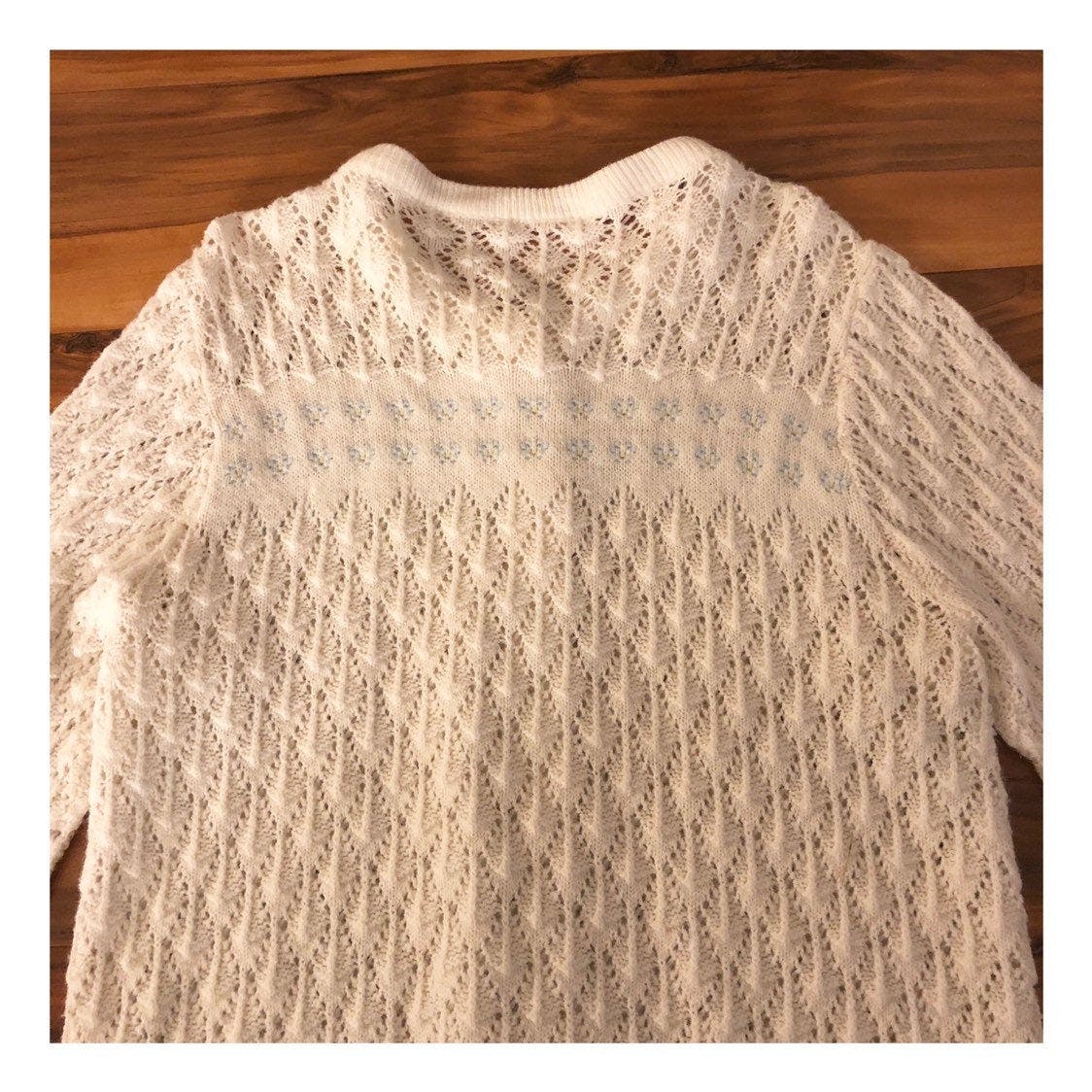 Vintage Ivory Crochet Cardigan with Blue Detail | Shop THRILLING