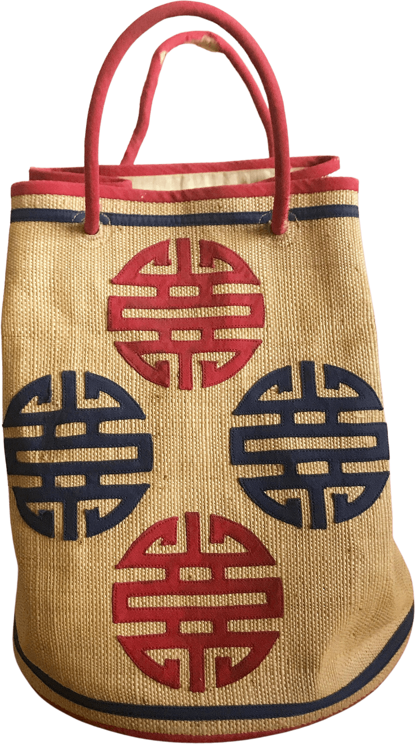 Vintage 30's/40's Woven Straw Drawstring Bag with Red and Blue Asian ...