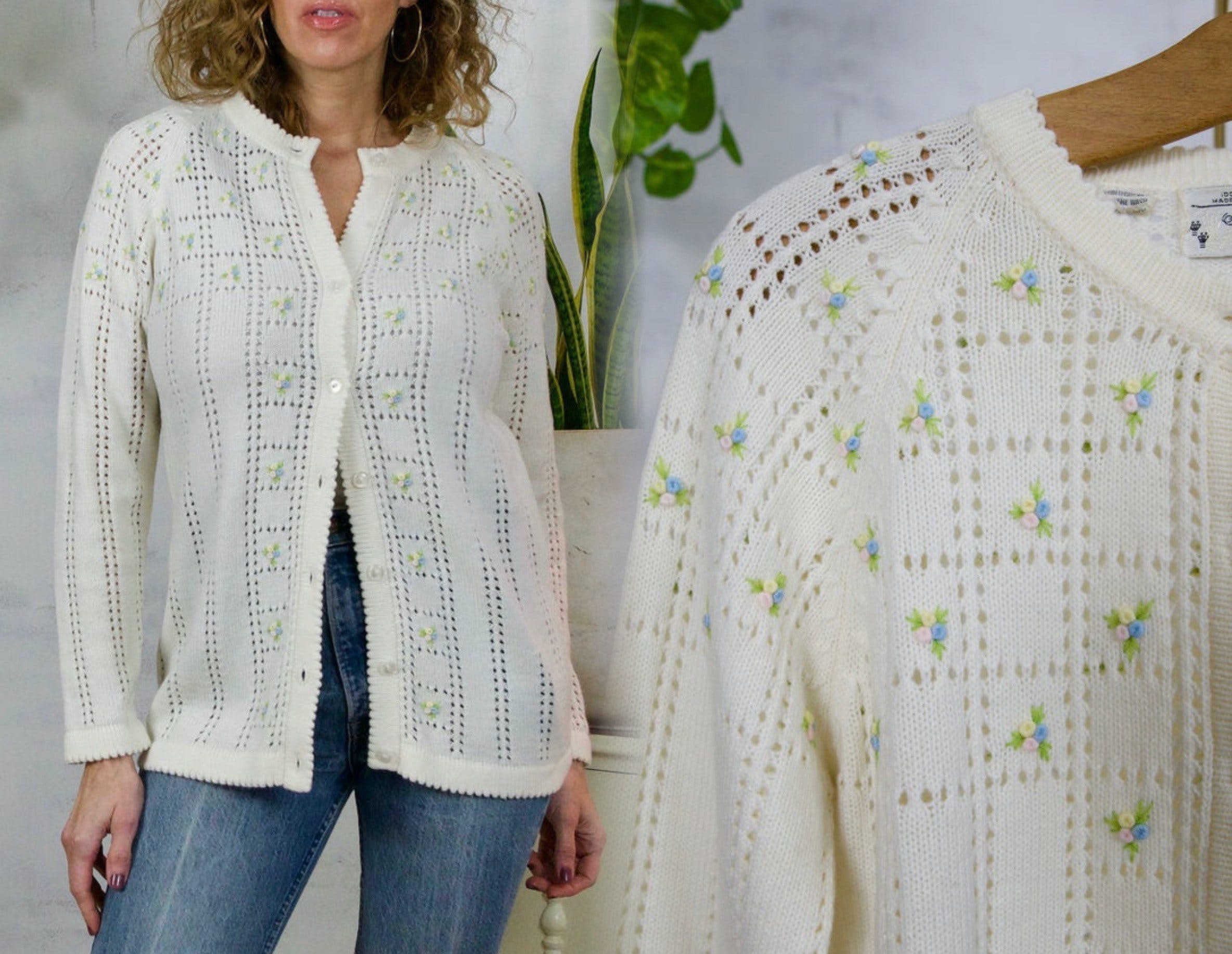 Vintage 60's Ivory and Pastel Floral Embroidered Knit Cardigan | Shop ...