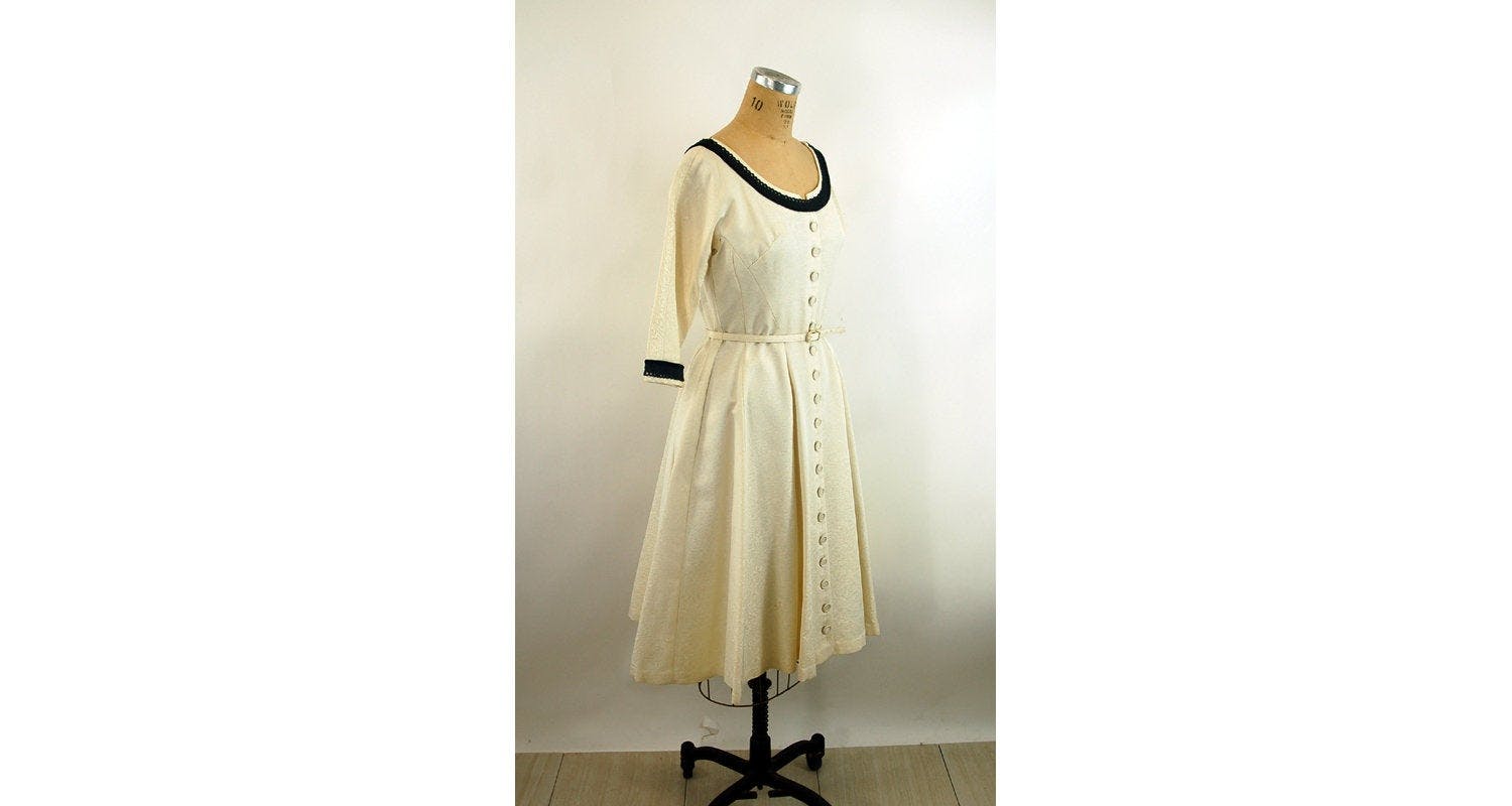Vintage 50's Ivory Faille Moire Dress with Black Velvet Trim | Shop ...