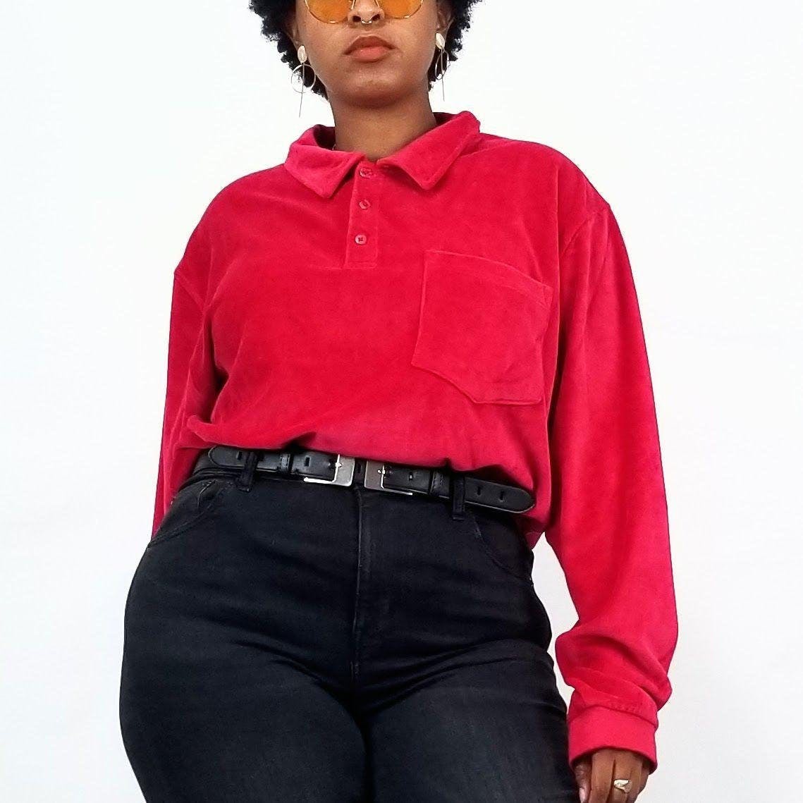 Vintage 80's/90's Velvet Long Sleeve Red Henley Shirt by Irvine Park ...