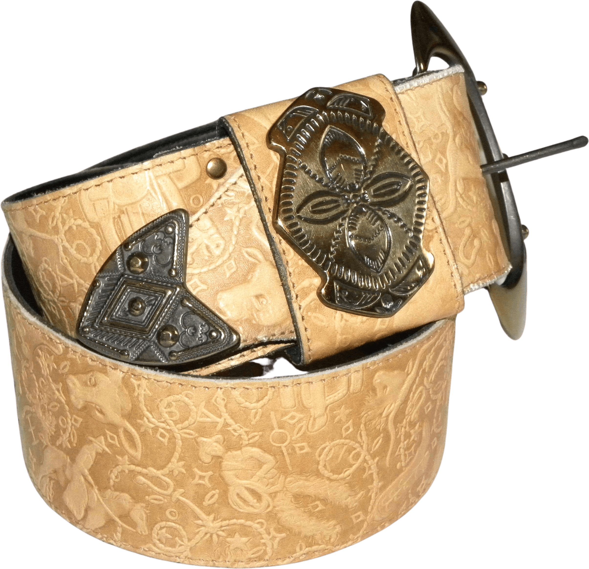 Vintage Tan Tooled Leather Western Belt with Cowboys & Fancy Buckle ...