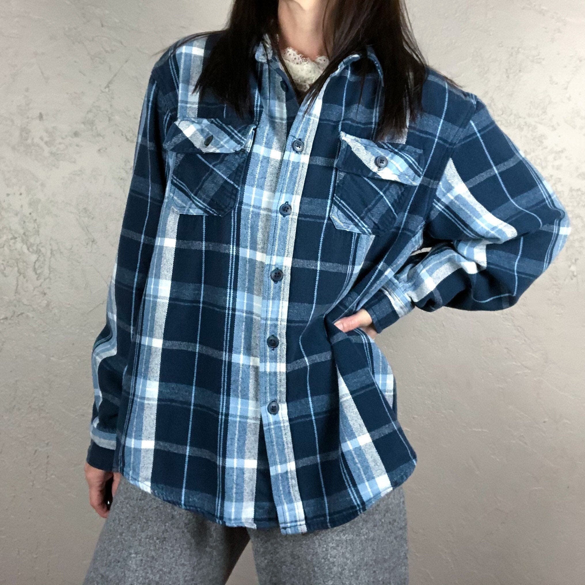 Vintage 90s Blue And White Plaid Cotton Flannel Shacket By Great ...