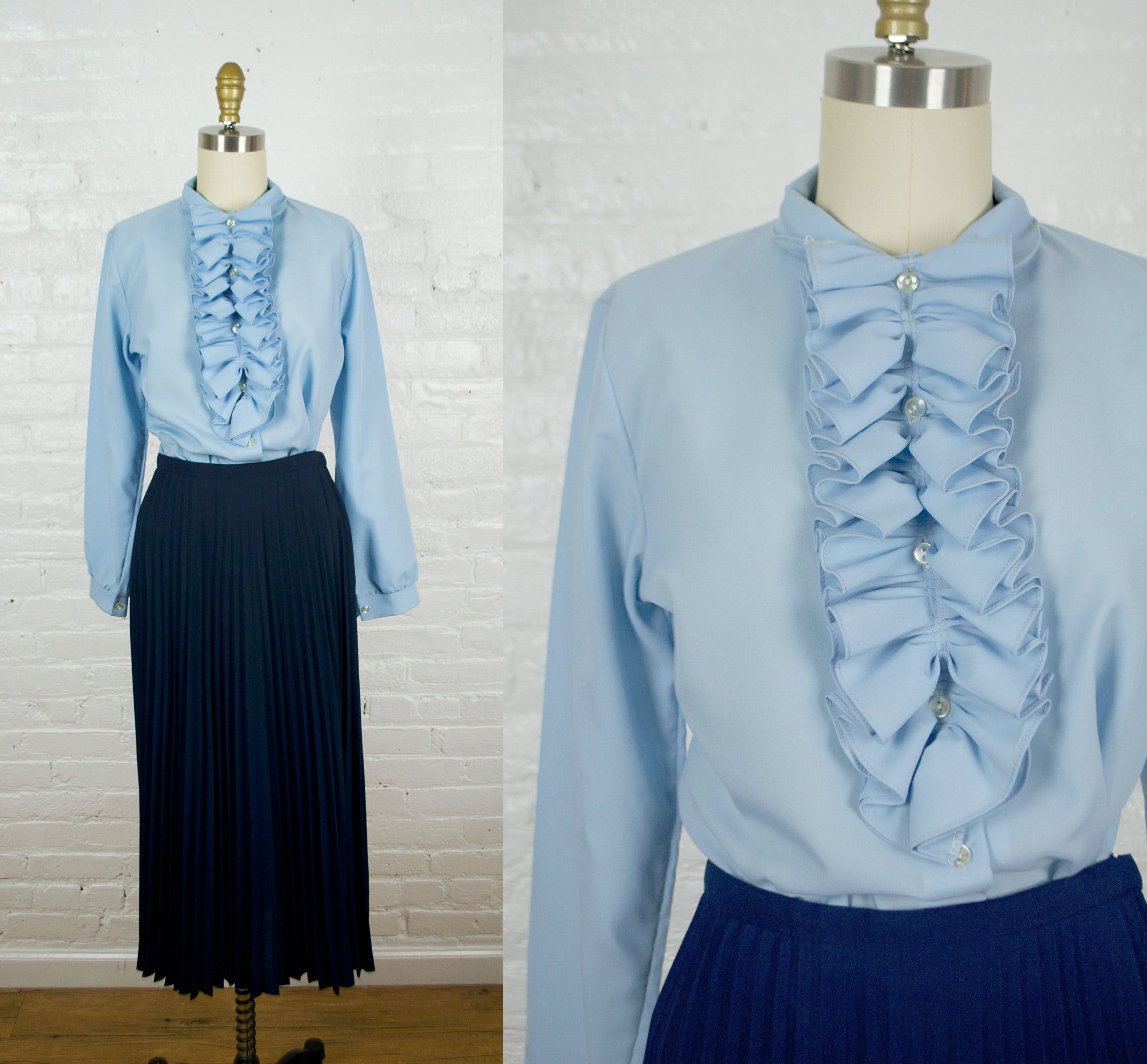 Vintage 70's Blue Collared Blouse with Removable Ruffle | Shop THRILLING
