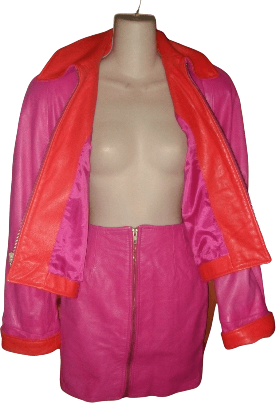 Vintage 60s/70s/80s Pink Color Blocked Leather Jacket Skirt Suit By ...