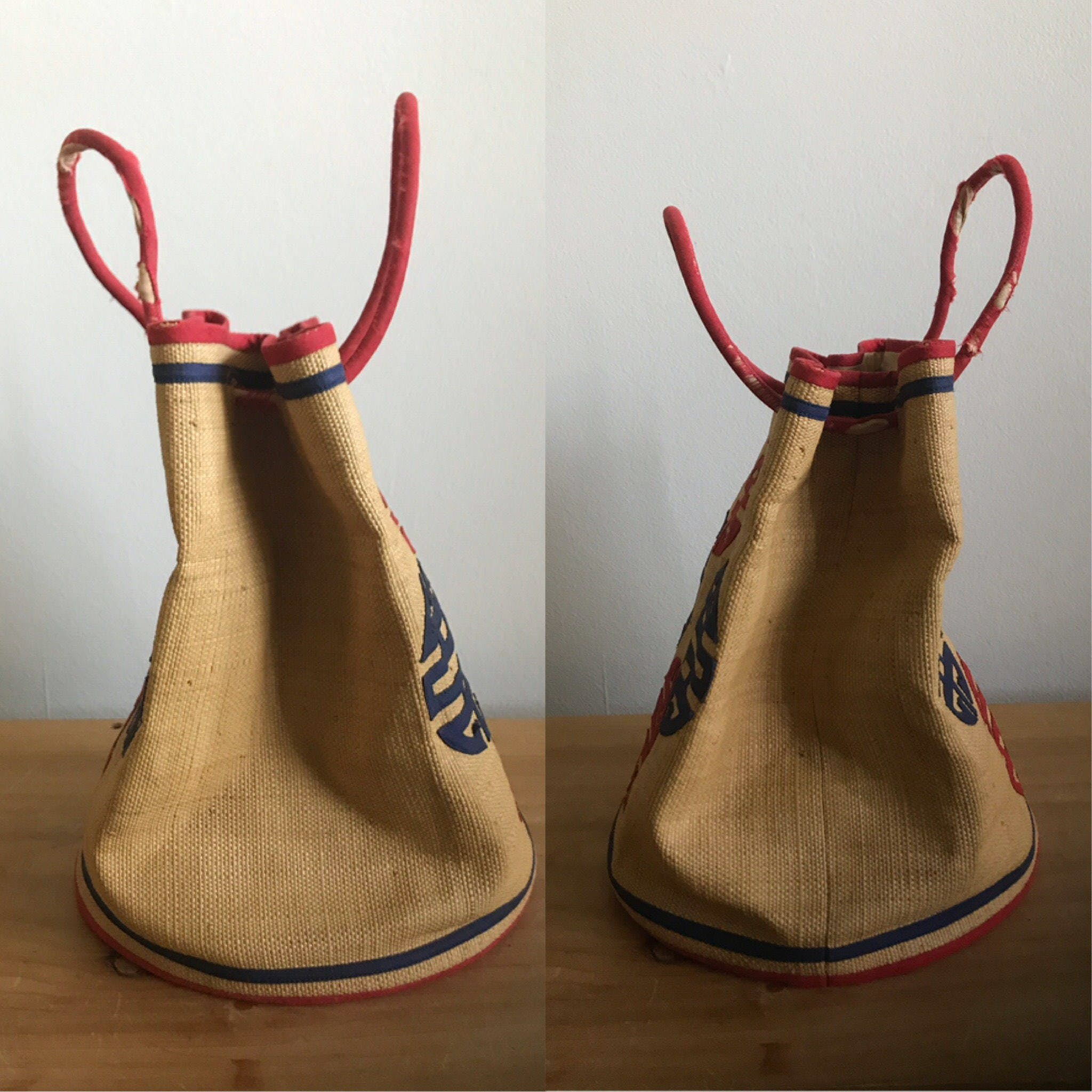 Vintage 30's/40's Woven Straw Drawstring Bag with Red and Blue Asian ...