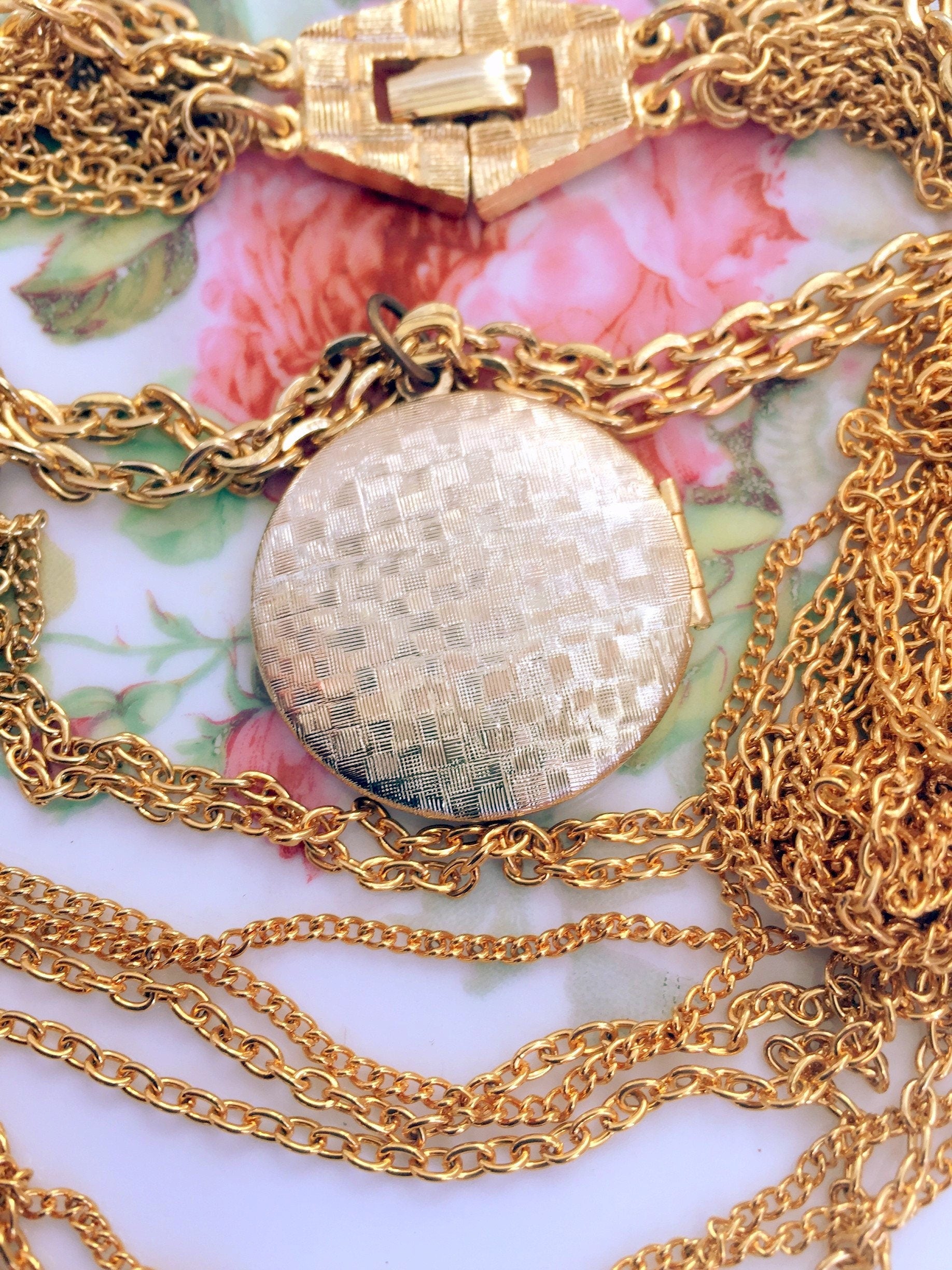 Vintage Statement Locket Necklace Flowing Chains Poison Locket Gold To ...