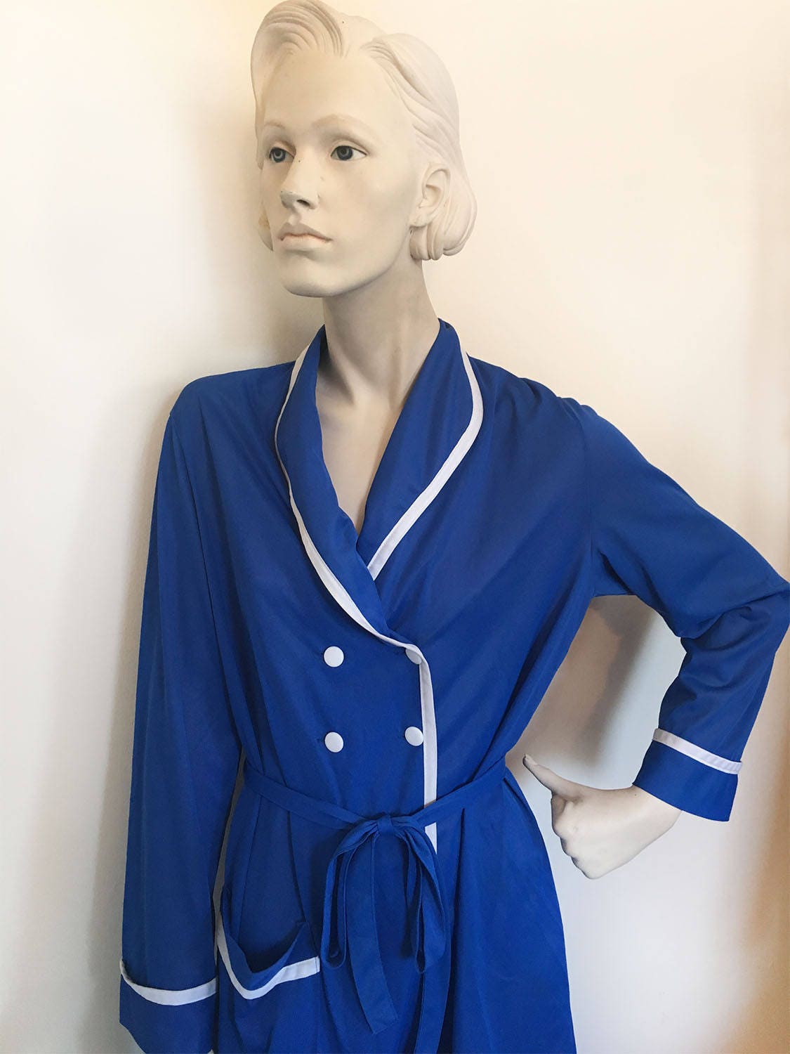 Vintage 60s Cobalt Blue Double Breasted Robe with White Accents | Shop ...