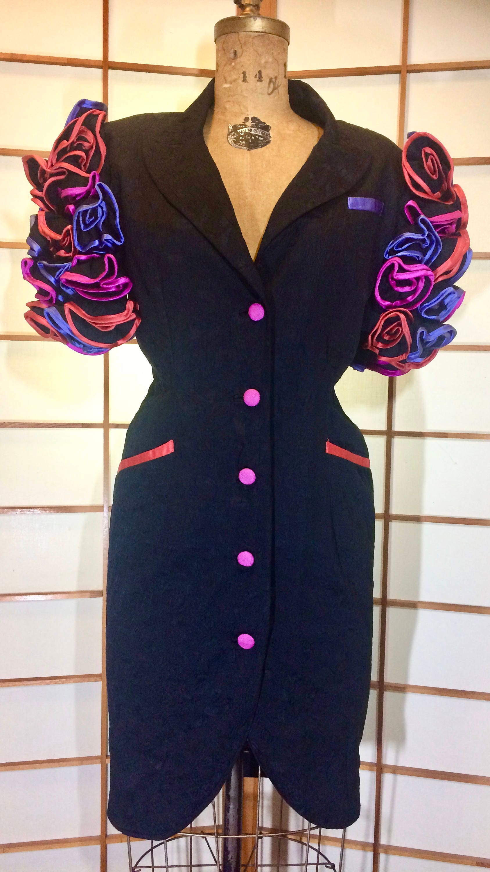 Vintage 80s Ruffle Tuxedo Puff Sleeve Glam Dress | Shop THRILLING