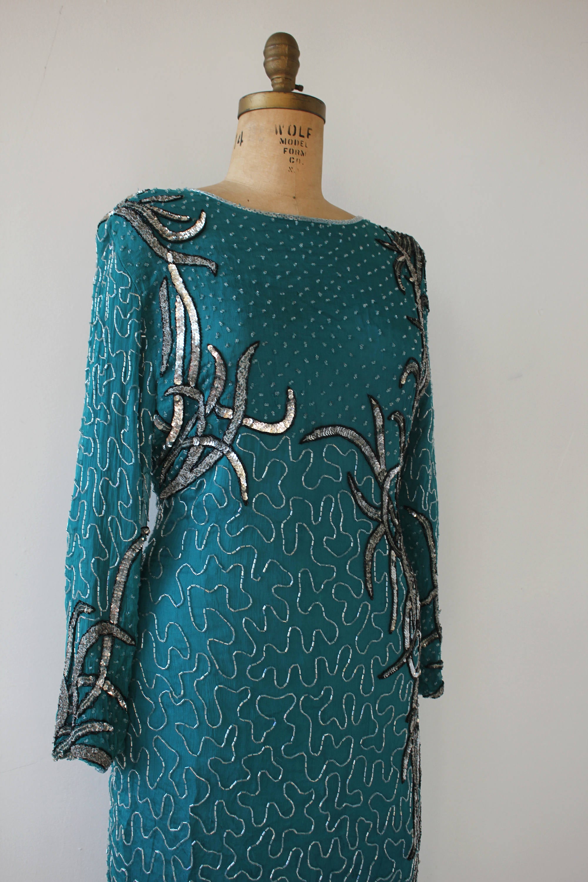 Vintage 70's Teal Beaded Formal Shift Dress by Jewel Queen | Shop THRILLING