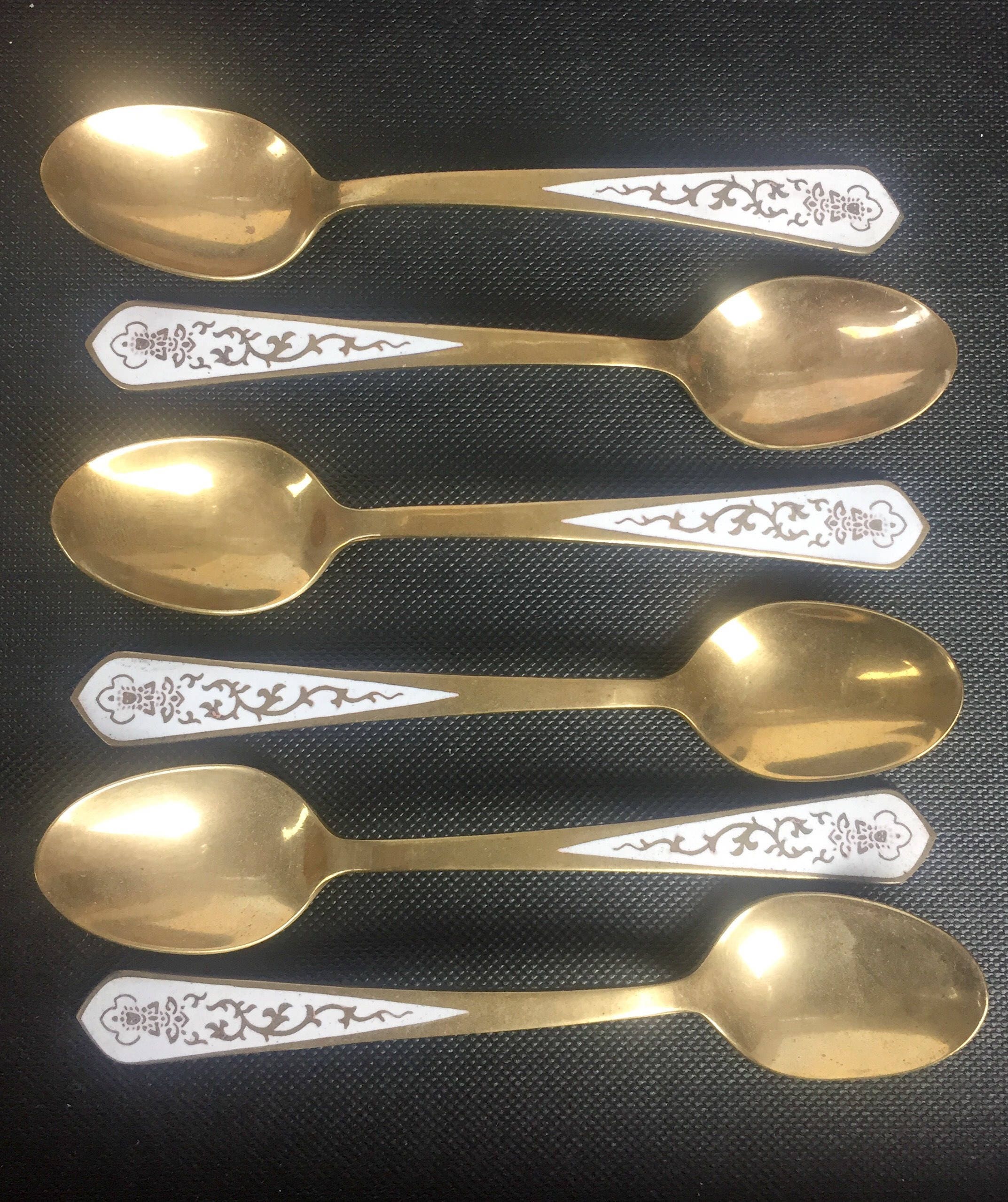 Vintage Set of 6 Gold-Tone Bronze Spoons with White Enameled Tips Made ...