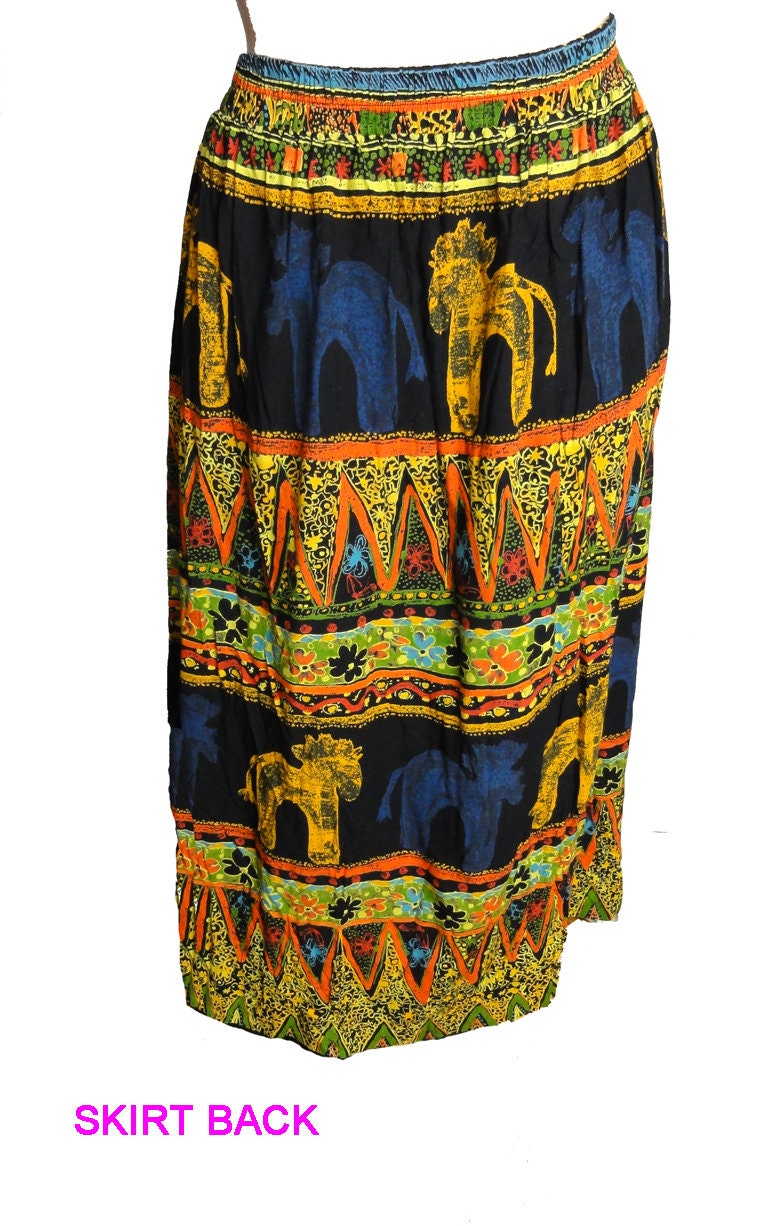 Vintage Brown Blue Gold Batik Print Skirt | Shop THRILLING