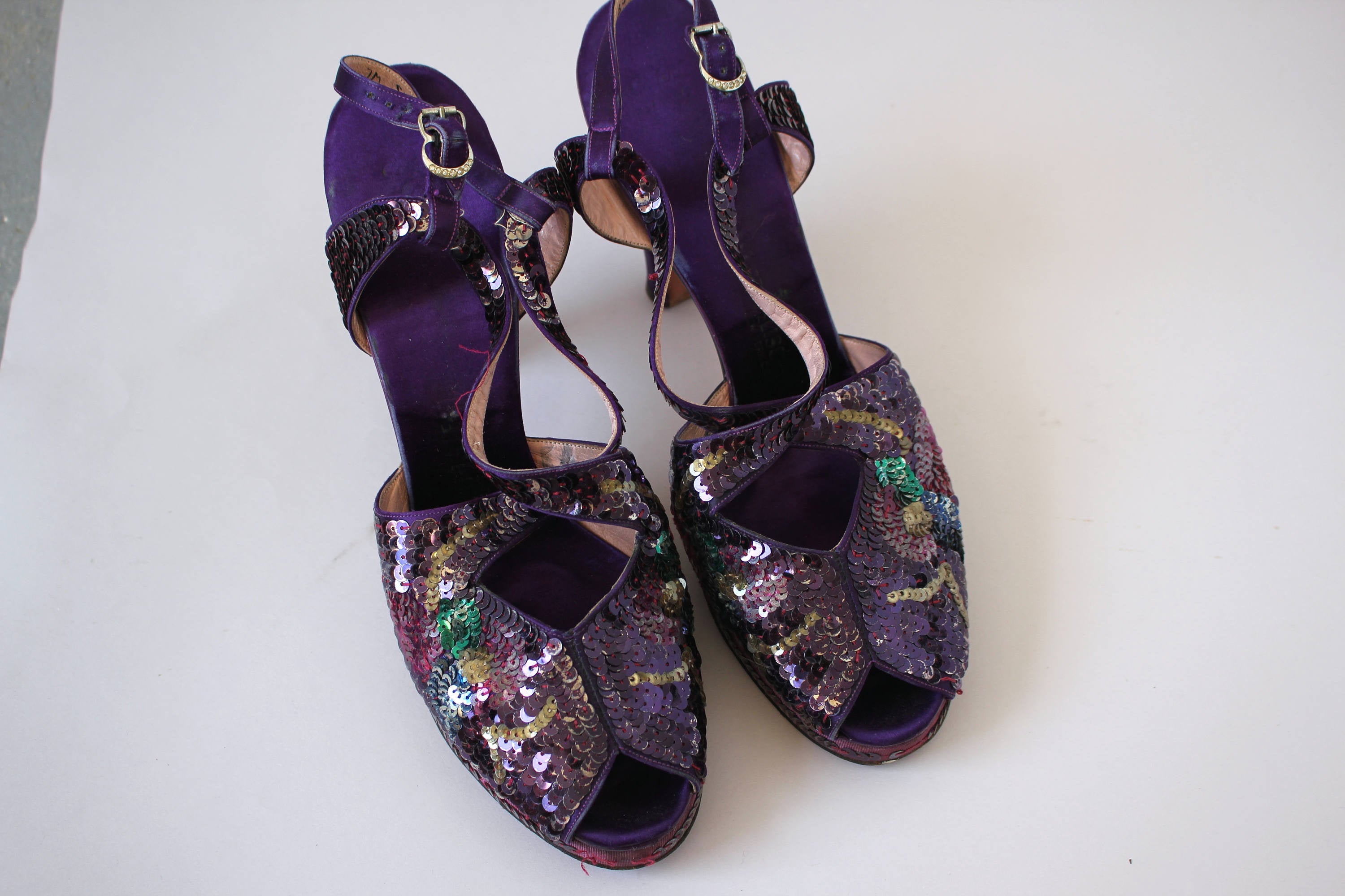 Vintage 40's Purple Peep Toe Strappy Heels with Multicolor Sequin by ...
