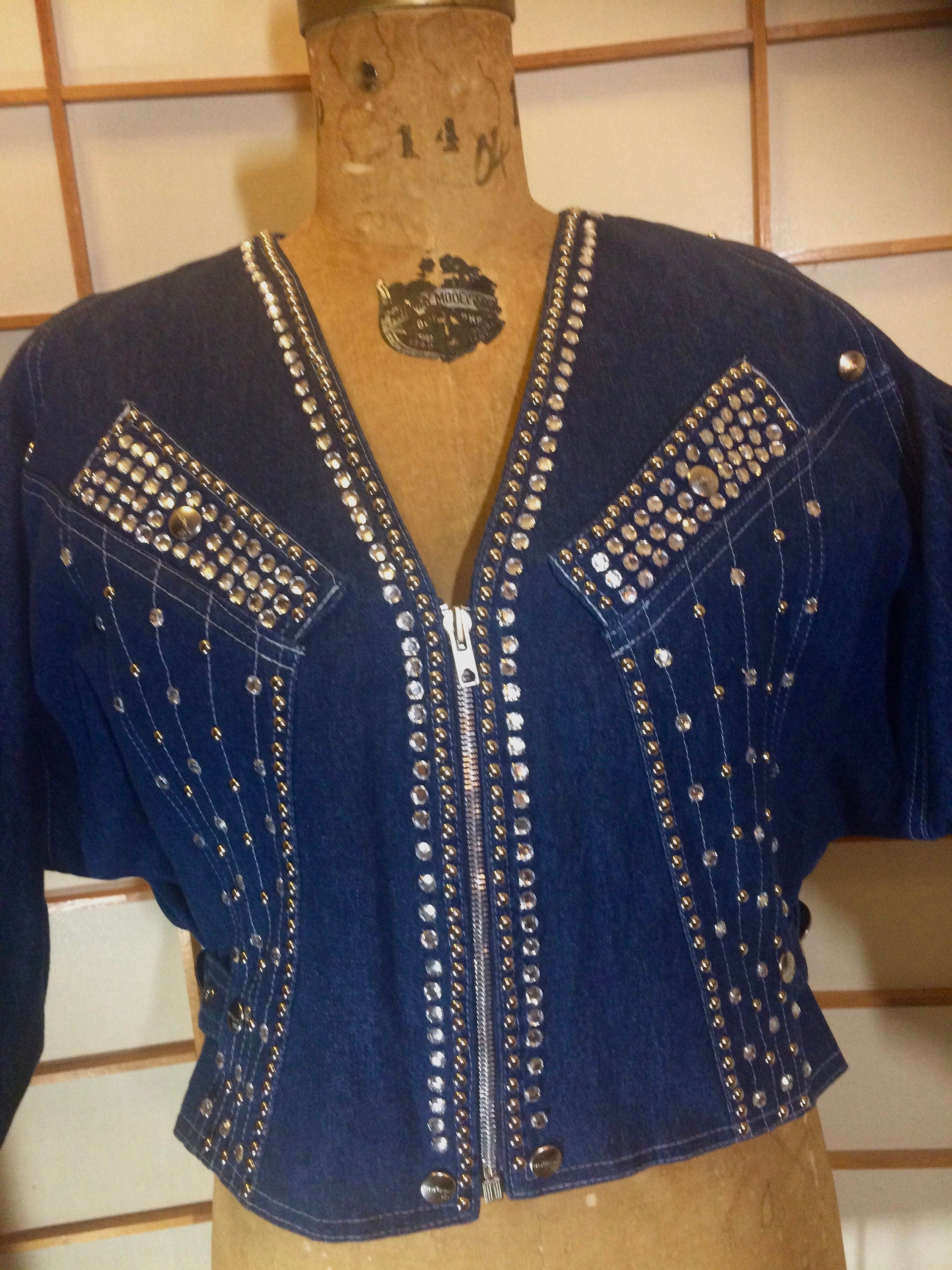 Vintage Denim Jean Jeweled Crystal Bomber Jacket | Shop THRILLING