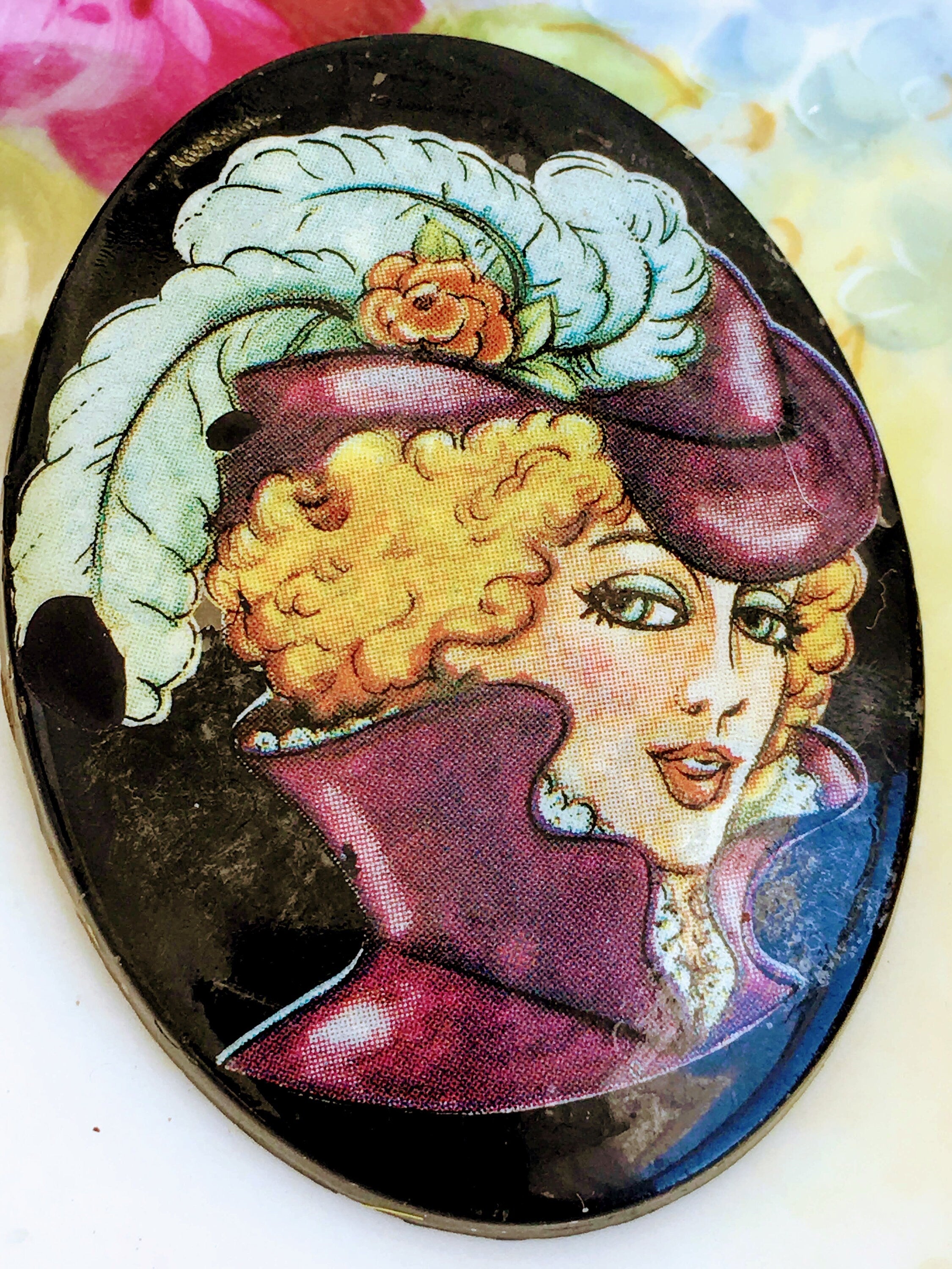 40s Vintage Portrait Brooch Pin Victorian Lady Big Feather Hat Lacquer ...