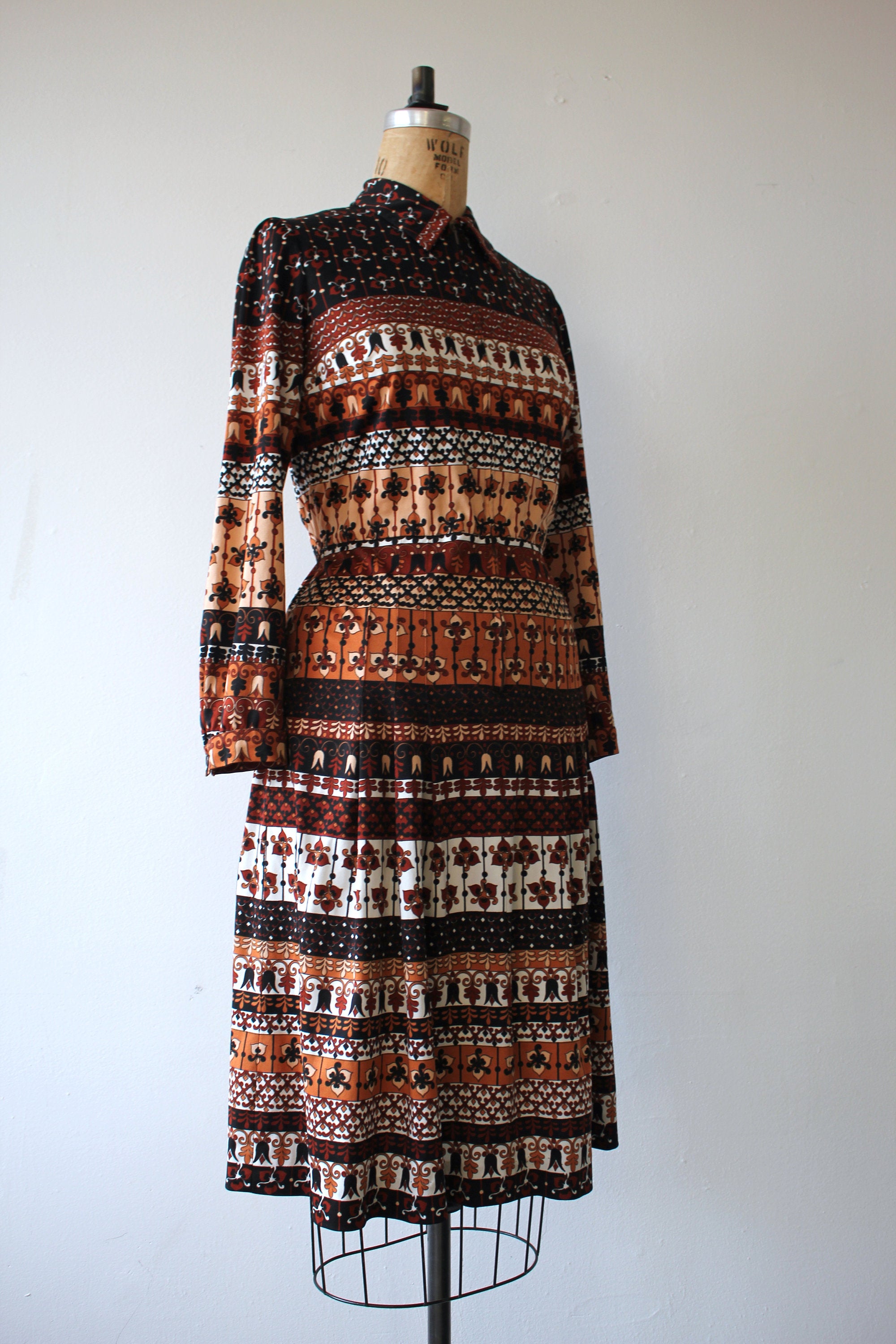 Vintage 70's Black Brown and White Multi Print Zip Up Dress by Ein Fink ...