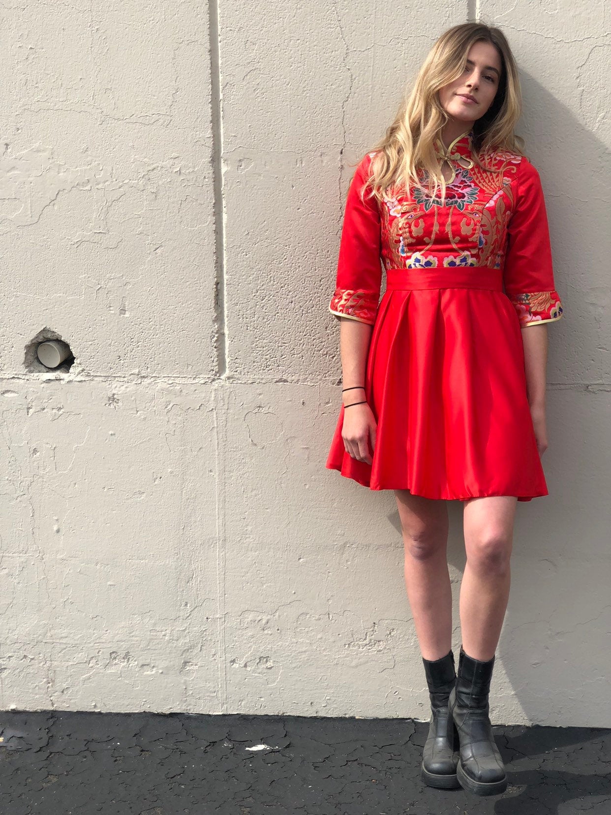 Vintage Red and Gold Pleated Heavy Embroidery Japanese Collar Dress ...