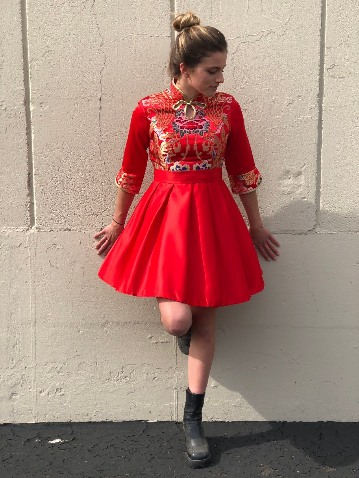 Vintage Red and Gold Pleated Heavy Embroidery Japanese Collar Dress ...