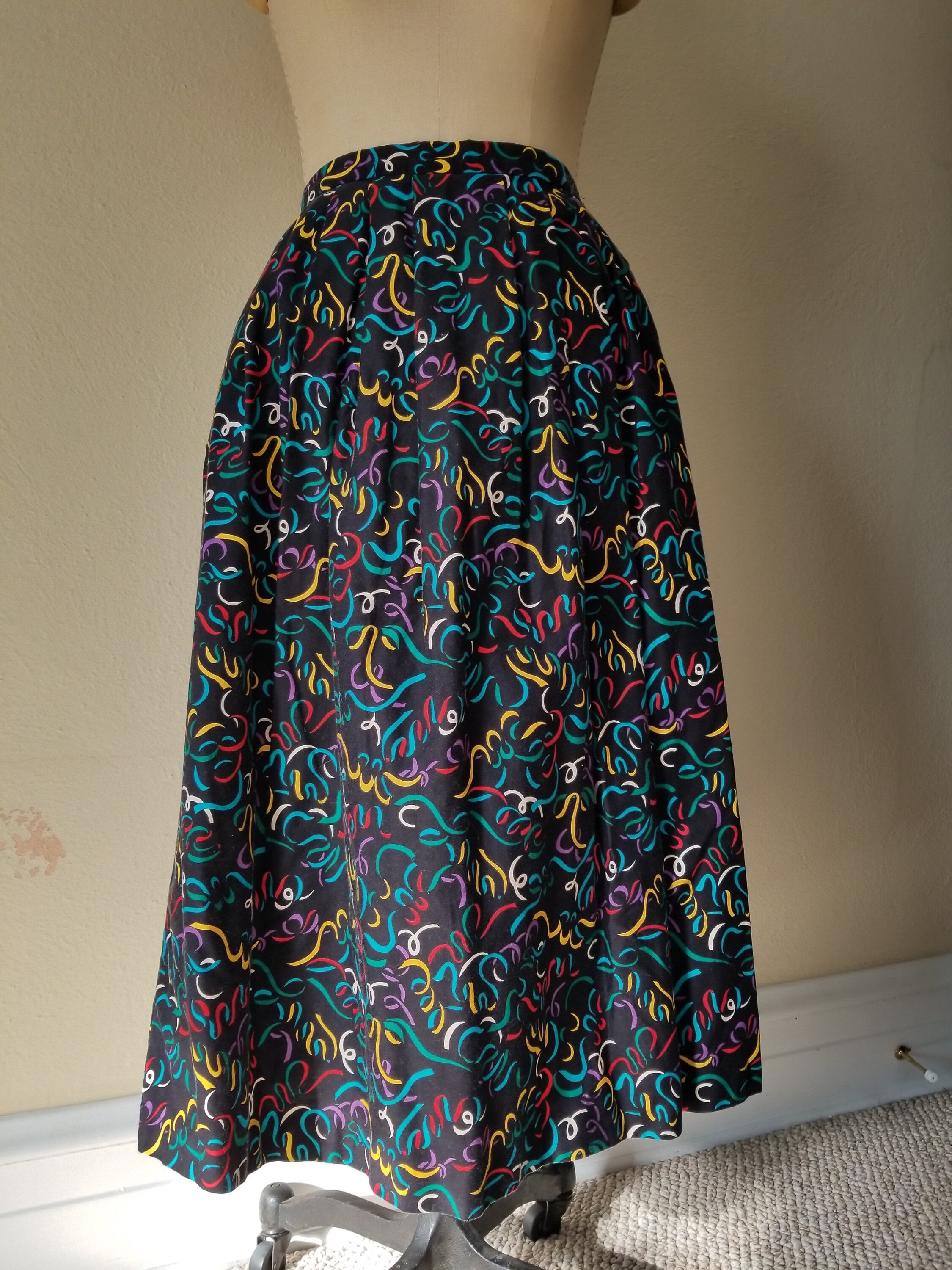 Vintage 80s Black Swirly Print Shoulder Pads Dress Skirt Top Set | Shop ...