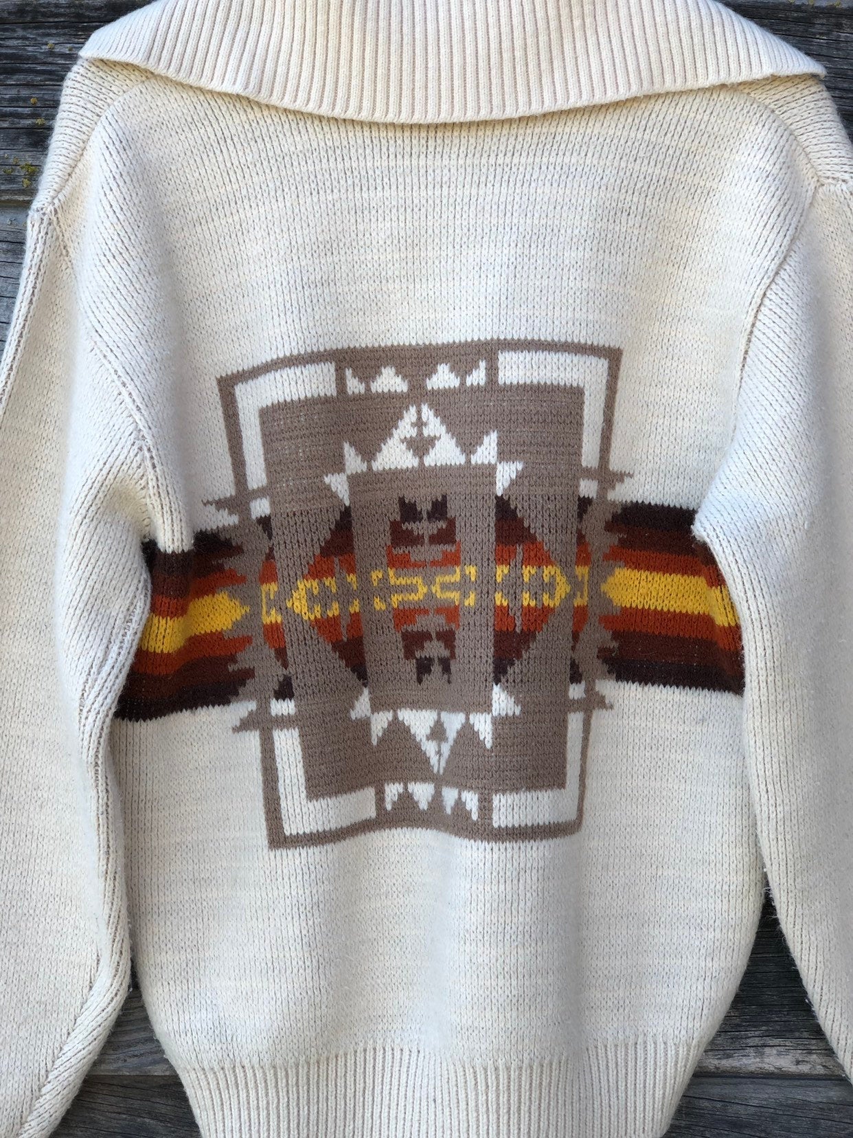 Vintage 70’s Beige Knit with Brown Orange and Red Tribal Sweater by ...