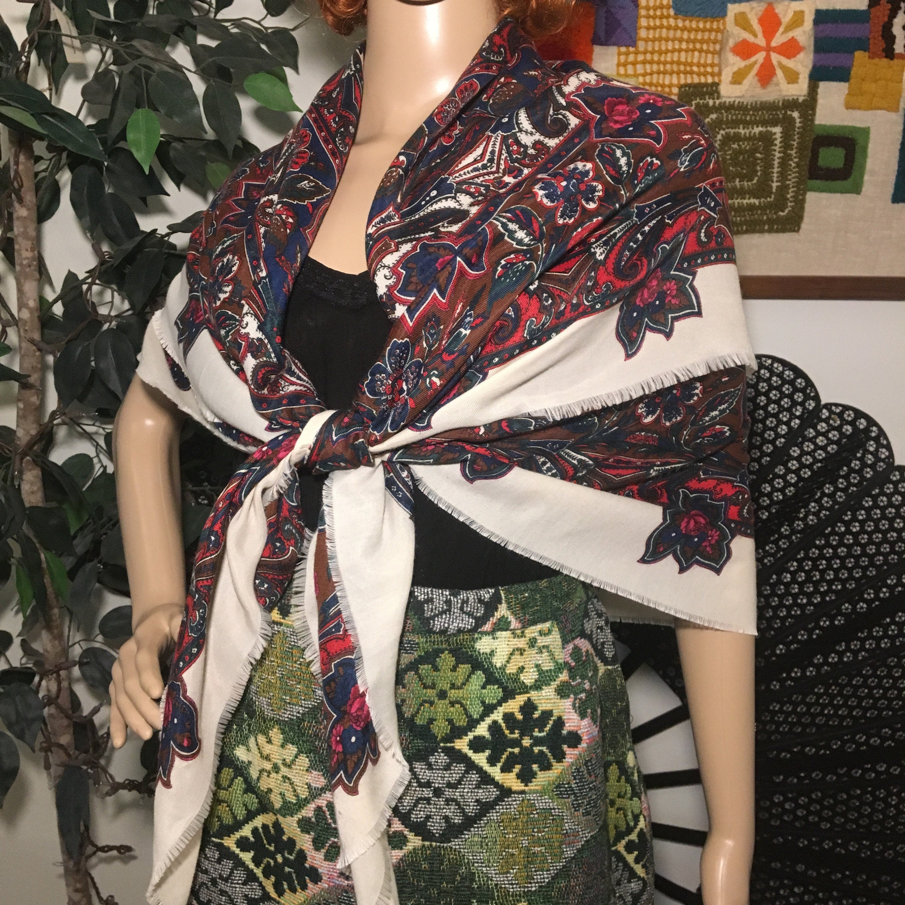 Vintage 80s White and Purple Challis Style Scarf by Runway | Shop THRILLING