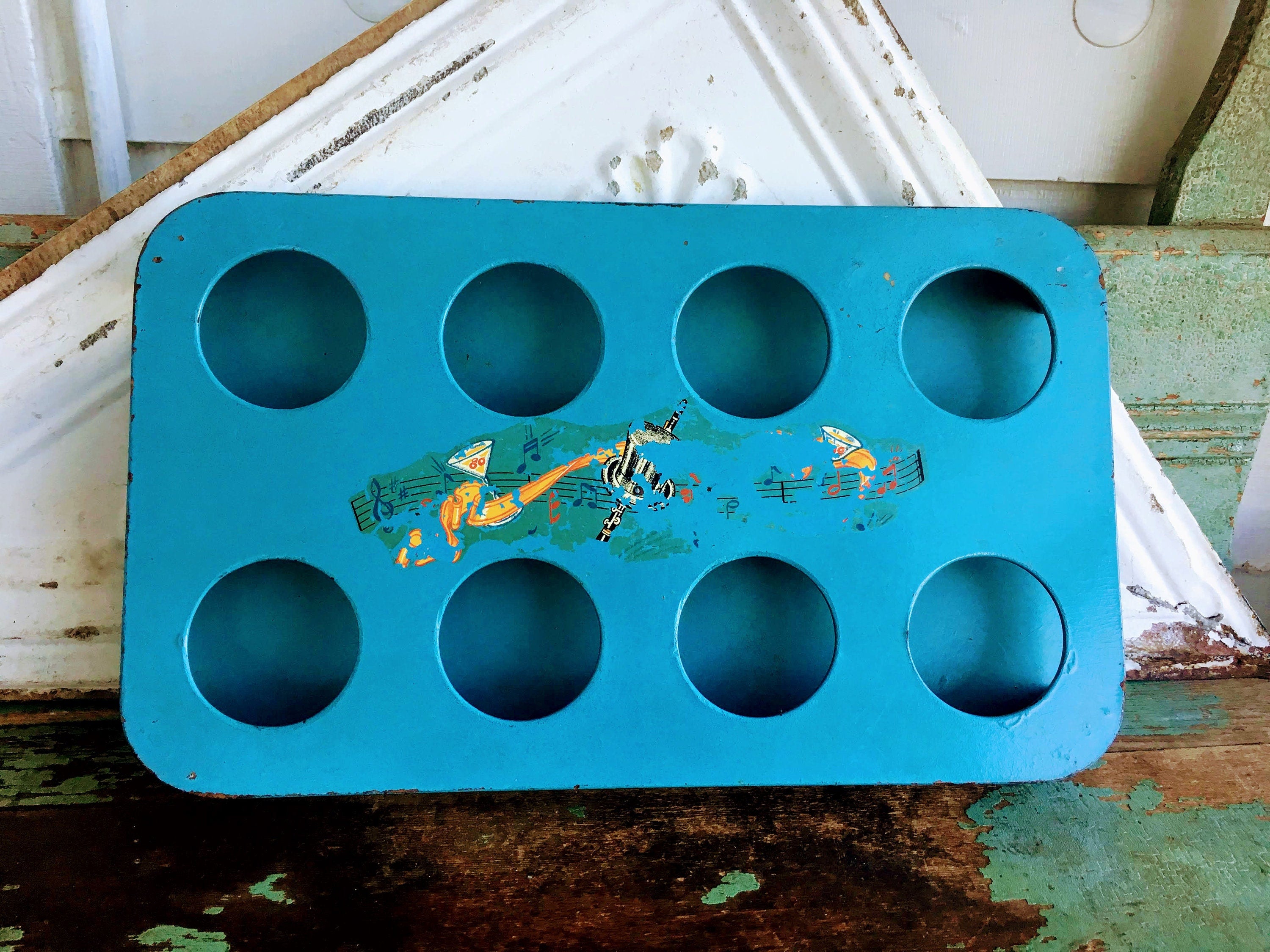 40s Vintage Shabby Blue Wood Cup Reversible Flat Tray Serving Tray ...