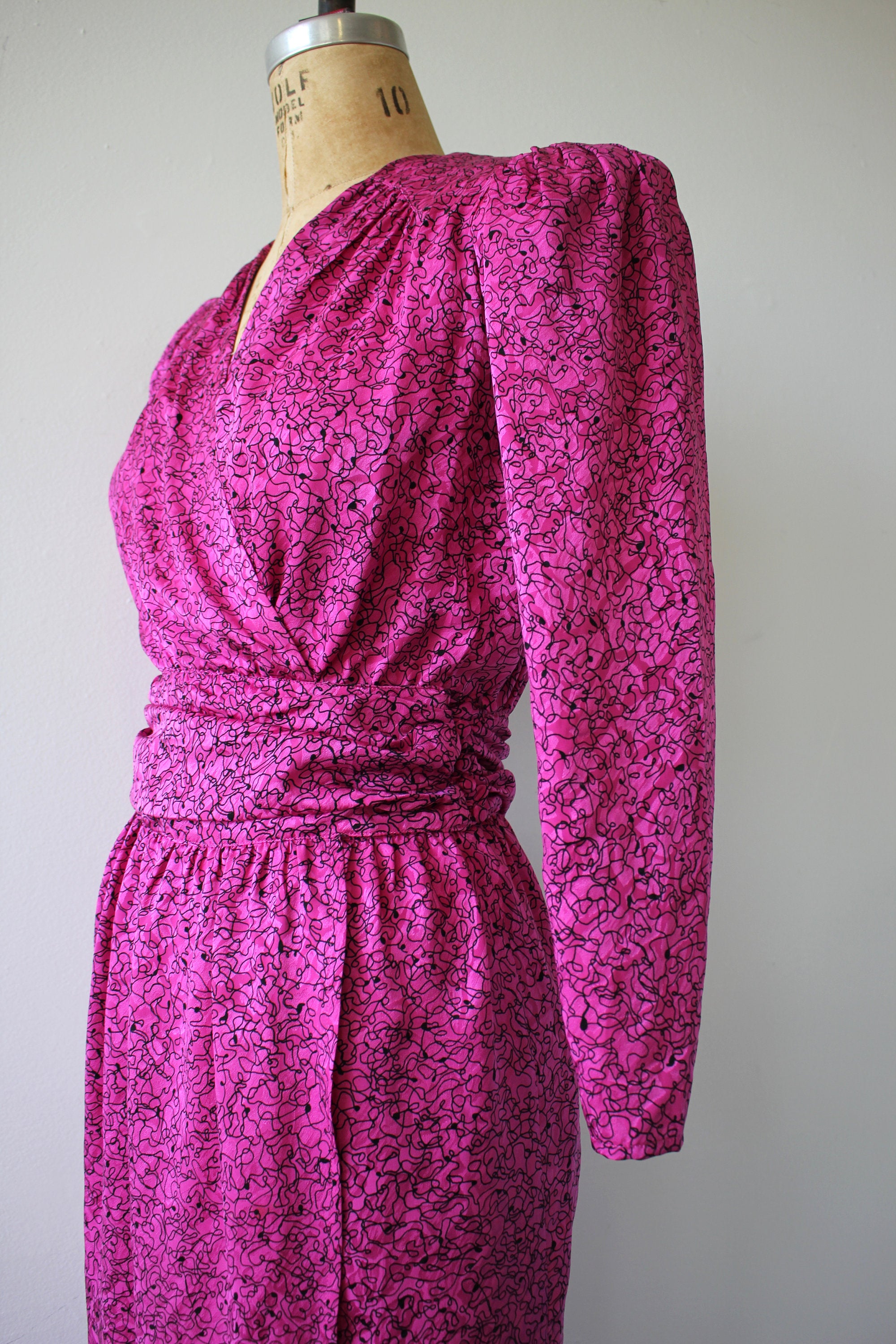 Vintage 80's Pink Silk Faux Wrap Dress with Small Black Floral by Flora ...