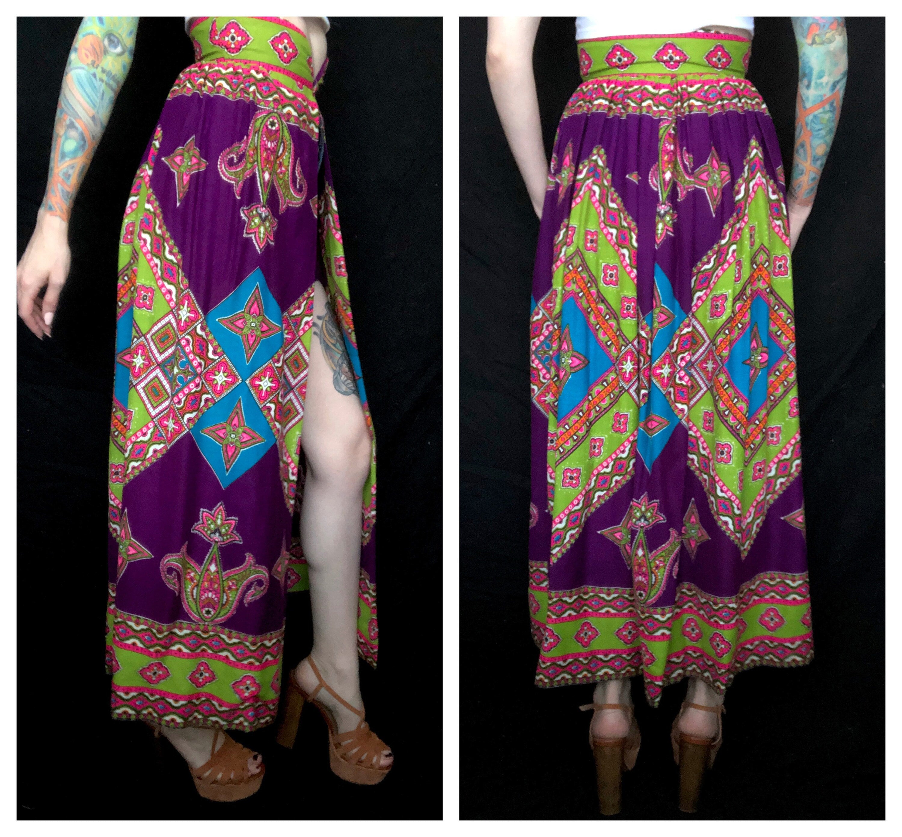 Vintage 60s Psychedelic Neon Paisley Print High Waist Split Front Skir ...