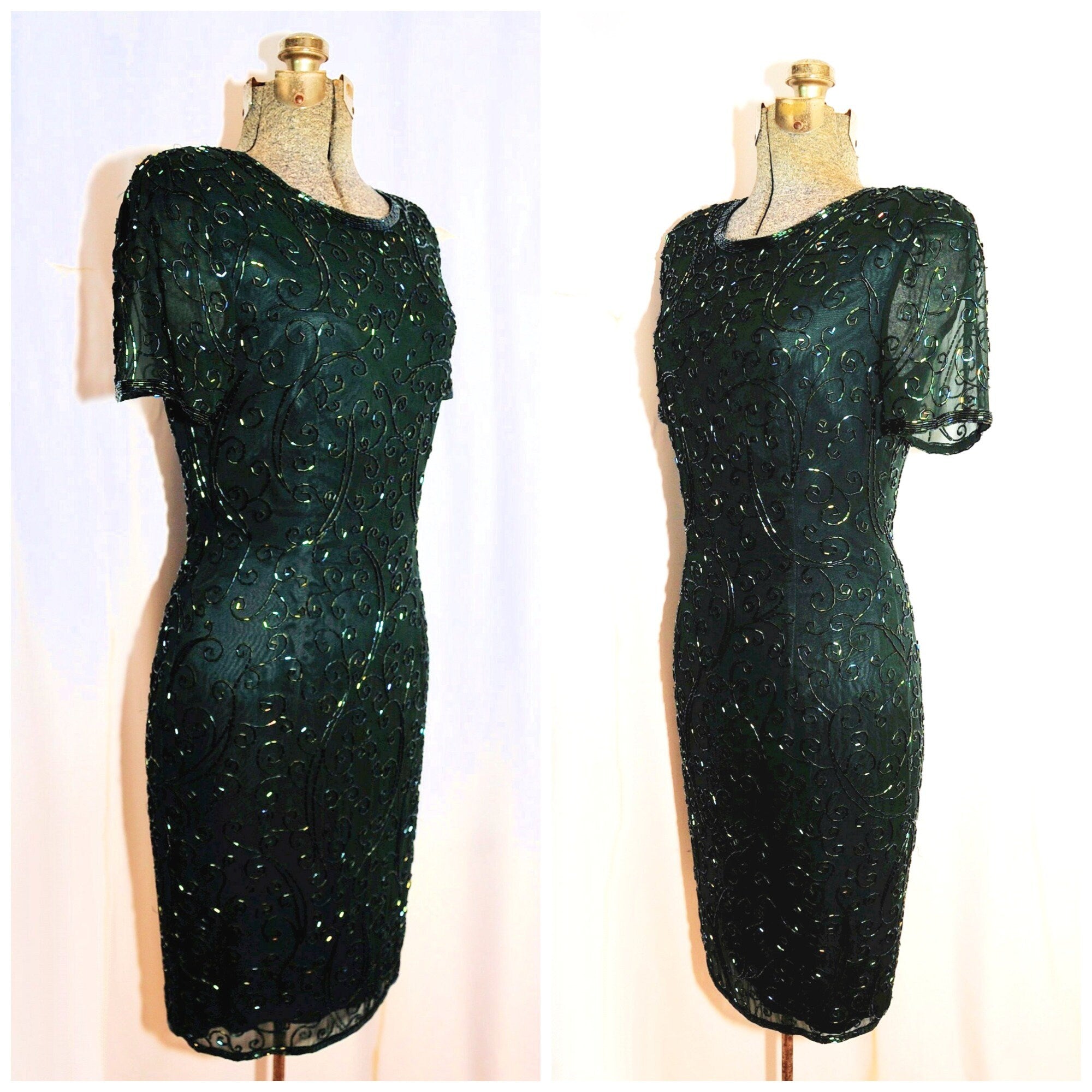 Vintage Vtg 80s Aj Bari Beaded Wiggle Dress Sheath Xs 4-6 Dark Hunter ...