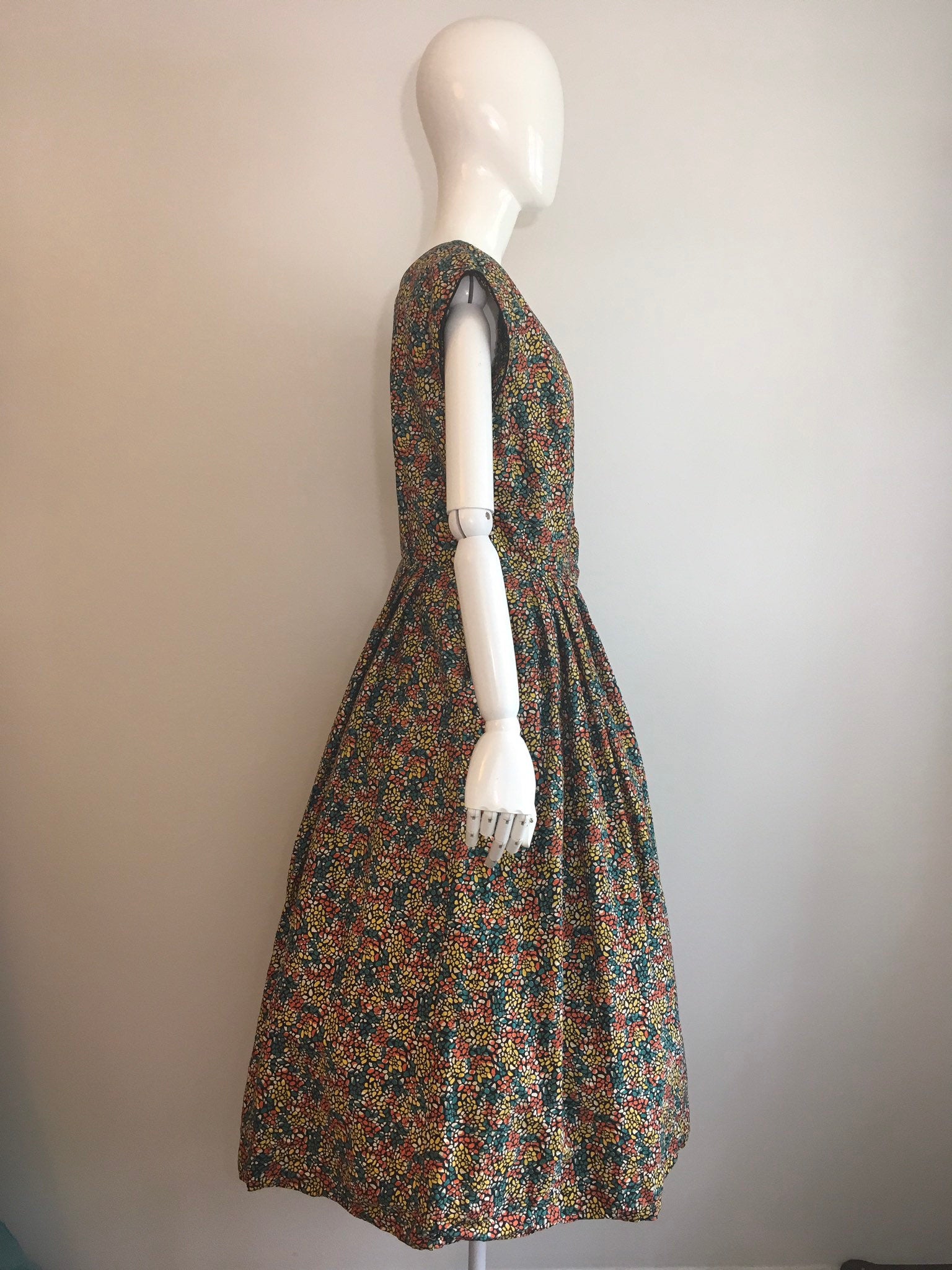 Vintage 50's Zip Front Multicolor Stained Glass Print Dress by Kay ...
