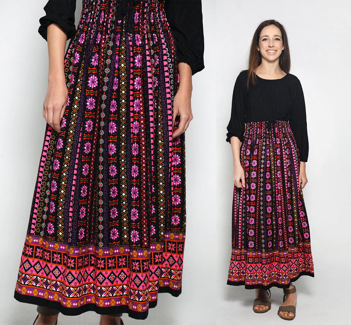 Vintage 60s Maxi Dress Psychedelic Neon Floral Print Dress Shirred Smo ...