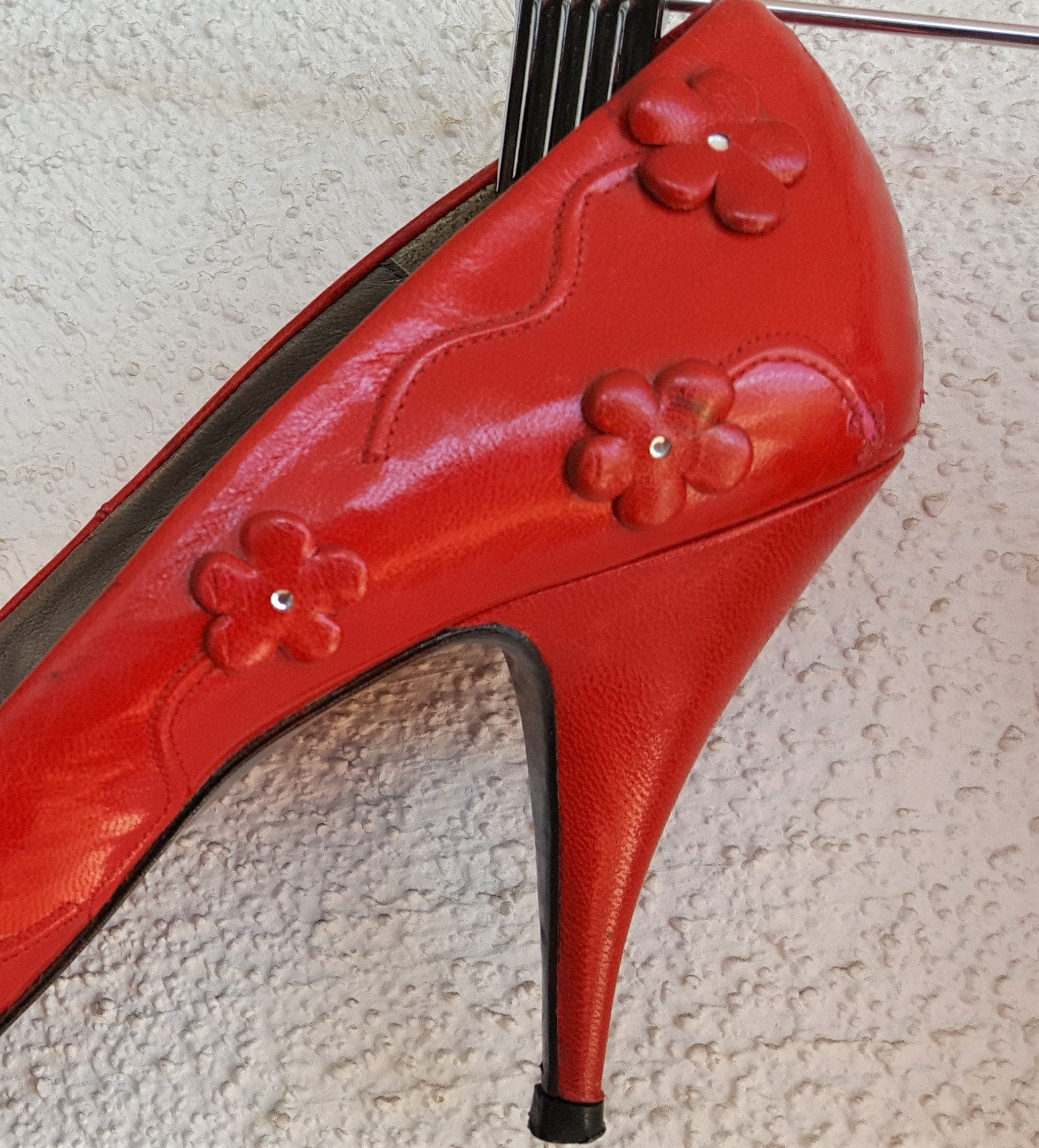 Vintage 80's Red Leather High Heel Pumps with Flowers and Rhinestones ...