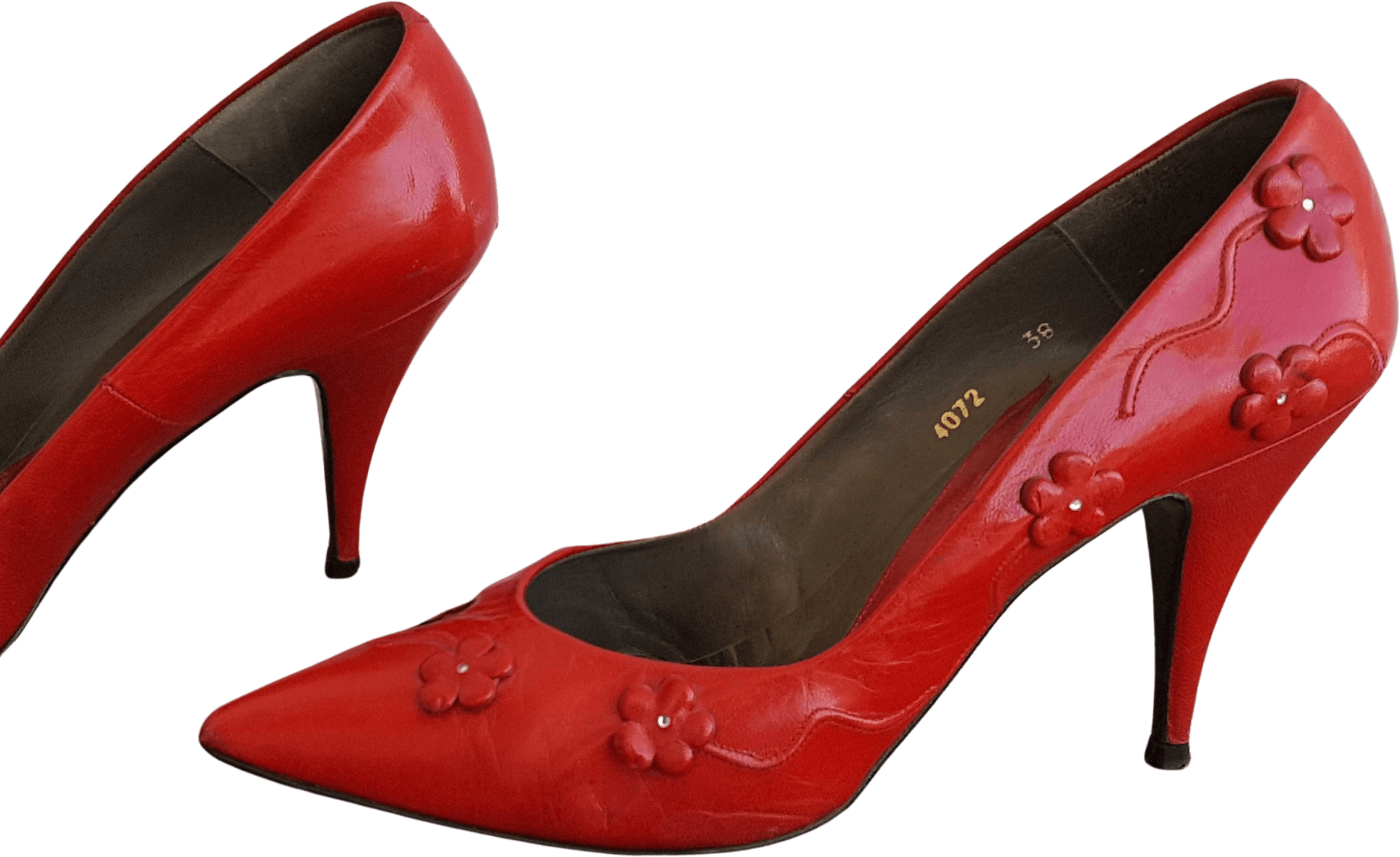 Vintage 80's Red Leather High Heel Pumps with Flowers and Rhinestones ...