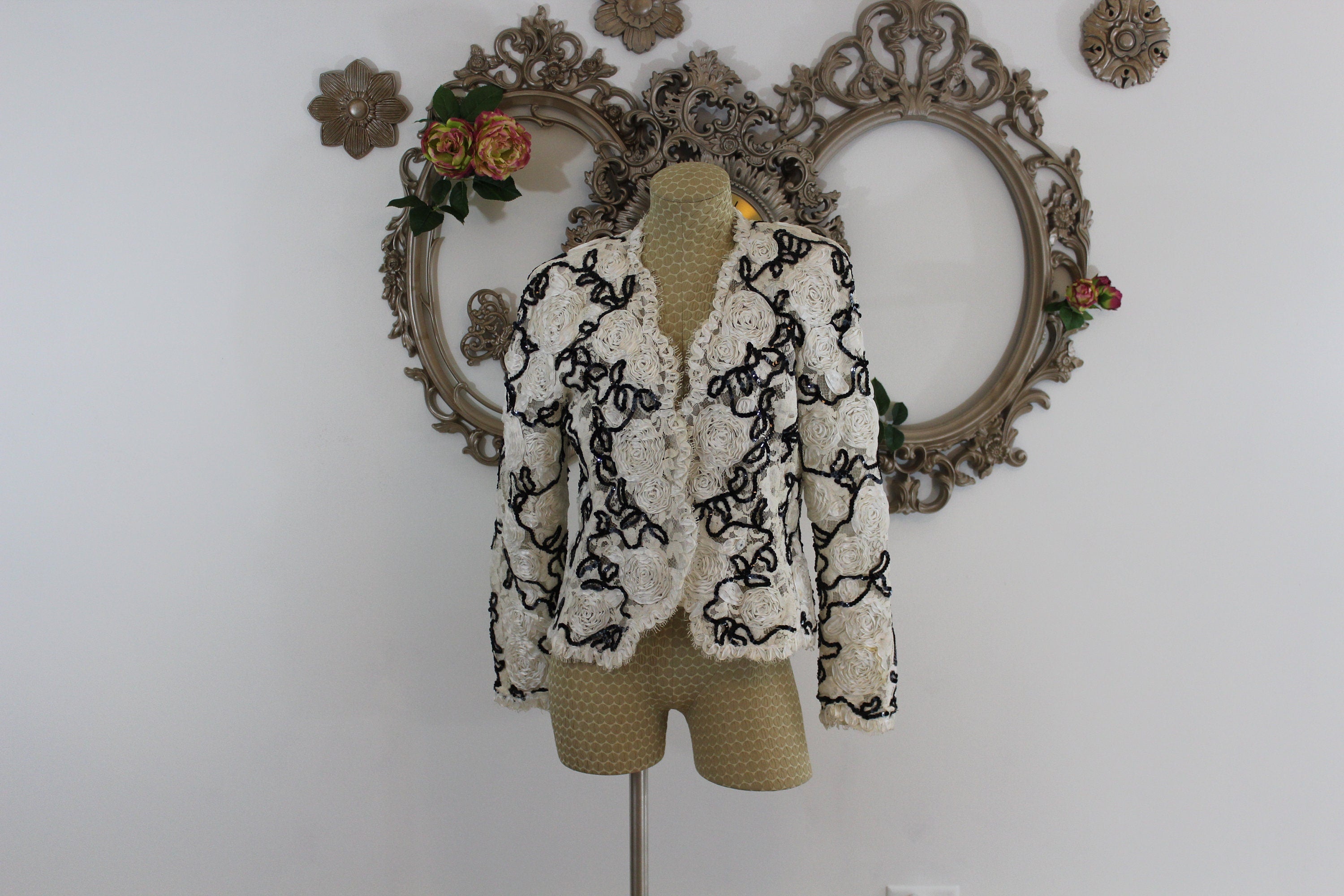Vintage Black and White Embellished Jacket by Victor Costa for Neiman ...