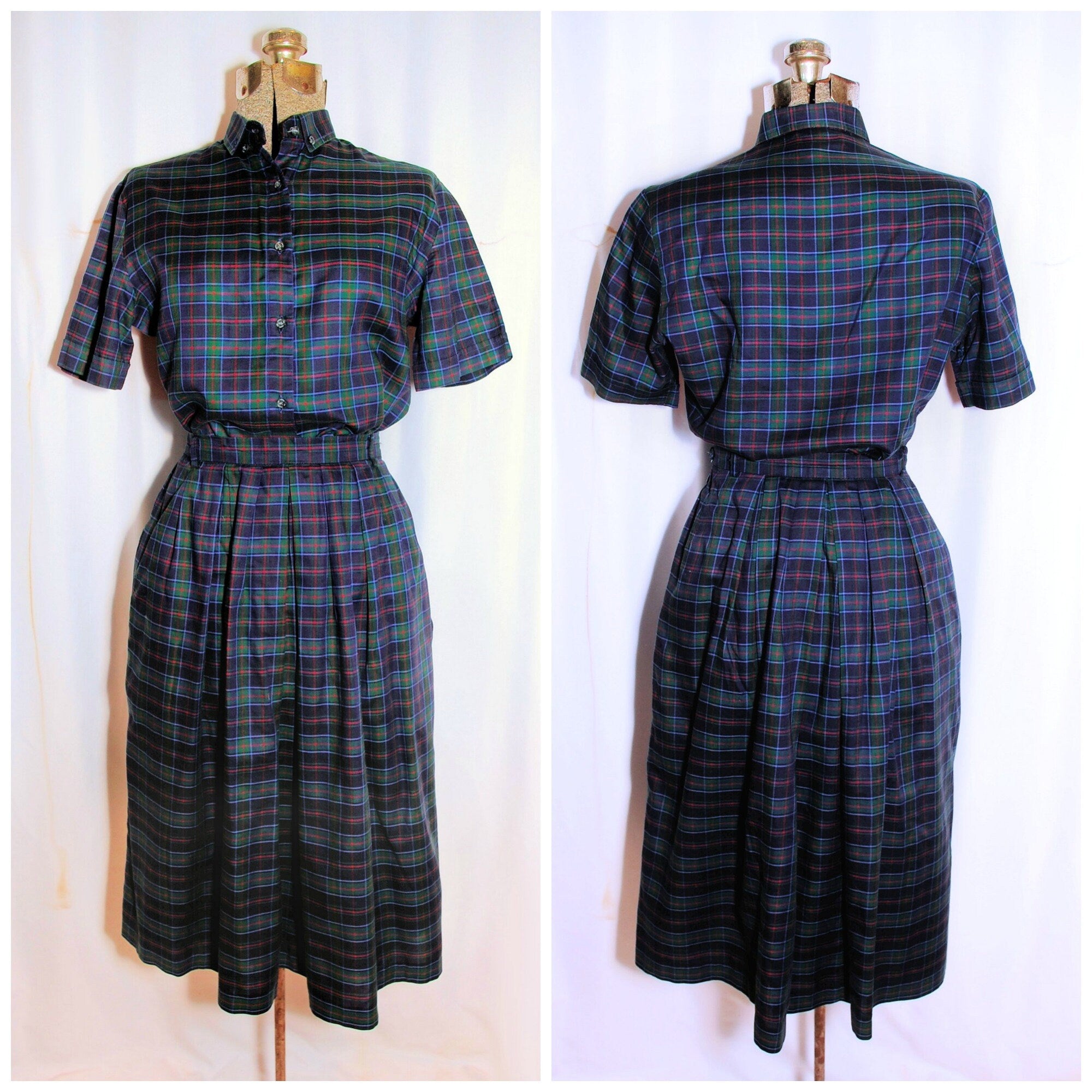 Vintage 80s / Cotton Tartan Plaid Skirt and Blouse Set Suit / Size Sm ...