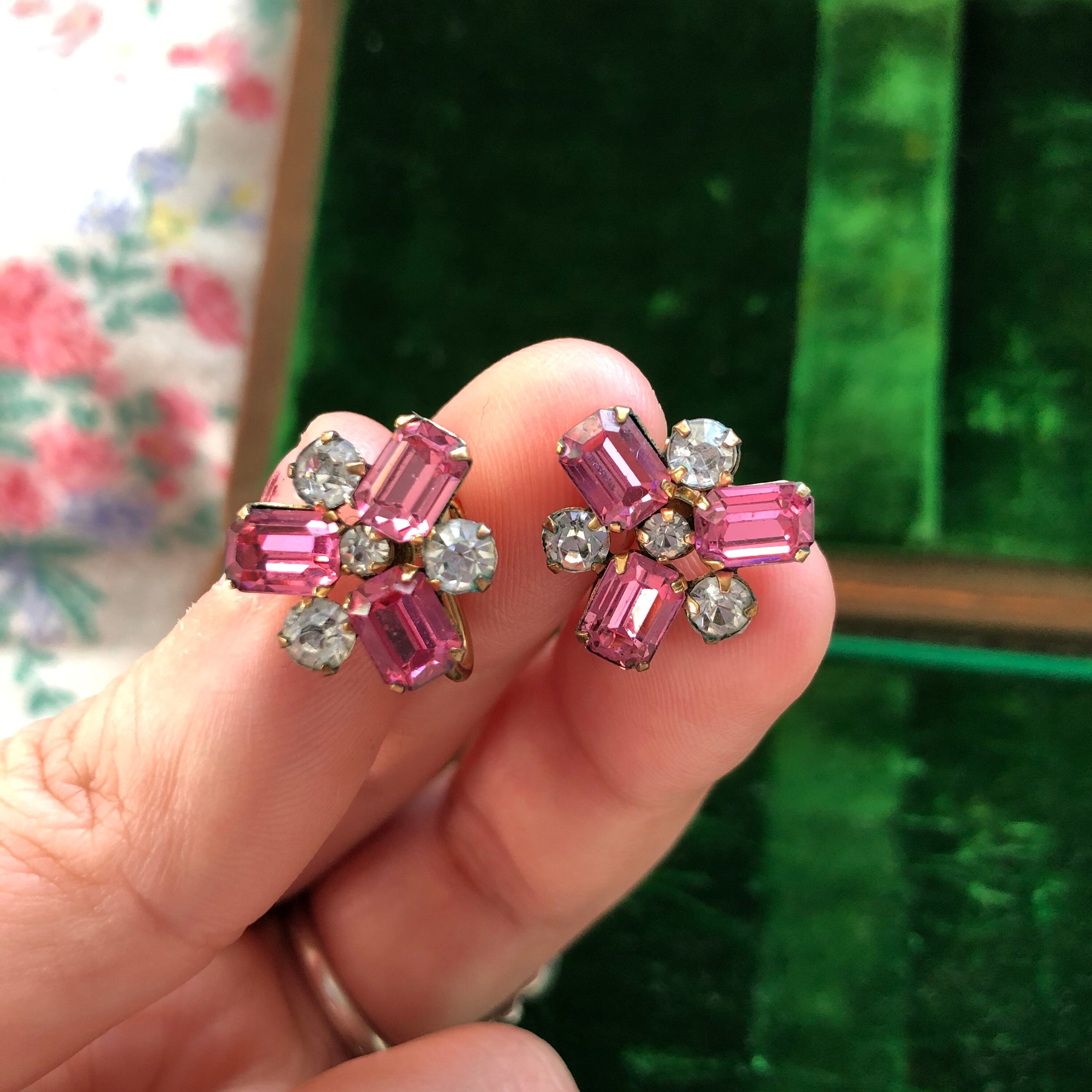 Vintage 60’s Pink Glass Gem Rhinestone Earrings | Shop THRILLING
