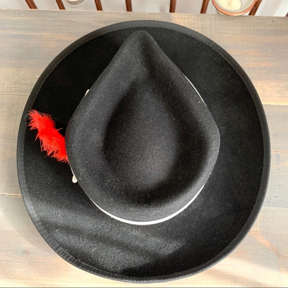Vintage Black Wool Fedora with White Band and Red Feather by Designer ...