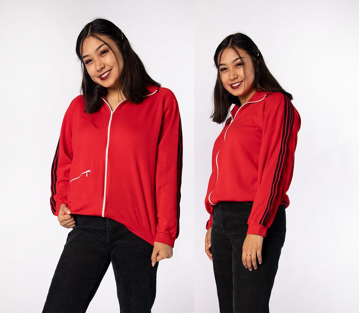 Vintage 70s Track Jacket Cherry Red and Black Striped Warm Up Jogging ...