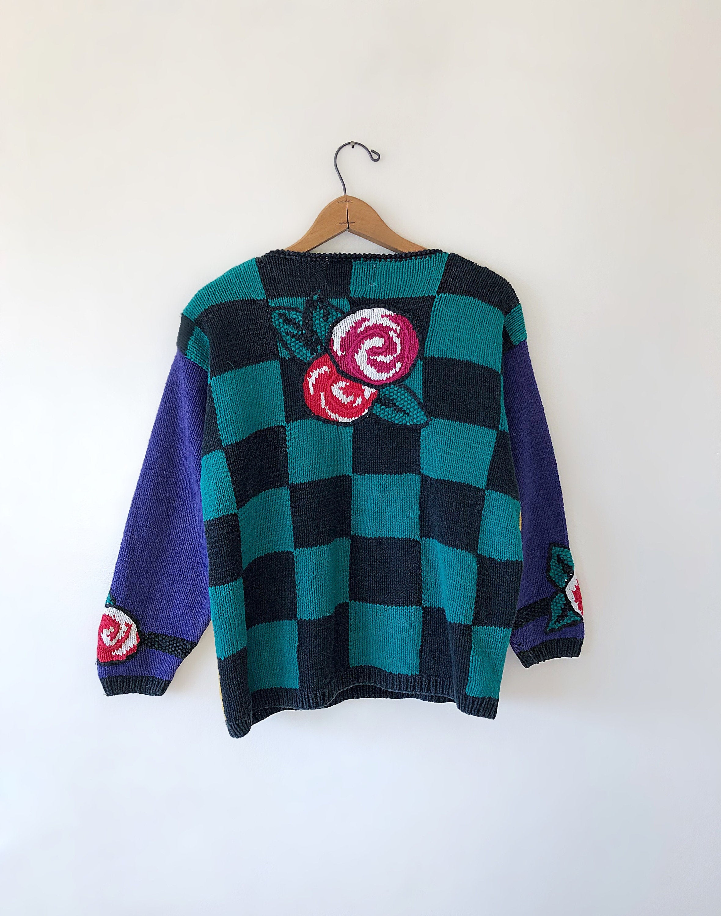 Vintage 90's Hand Knit Graphic Checker Rose Polka Dot Chunky Knit ...