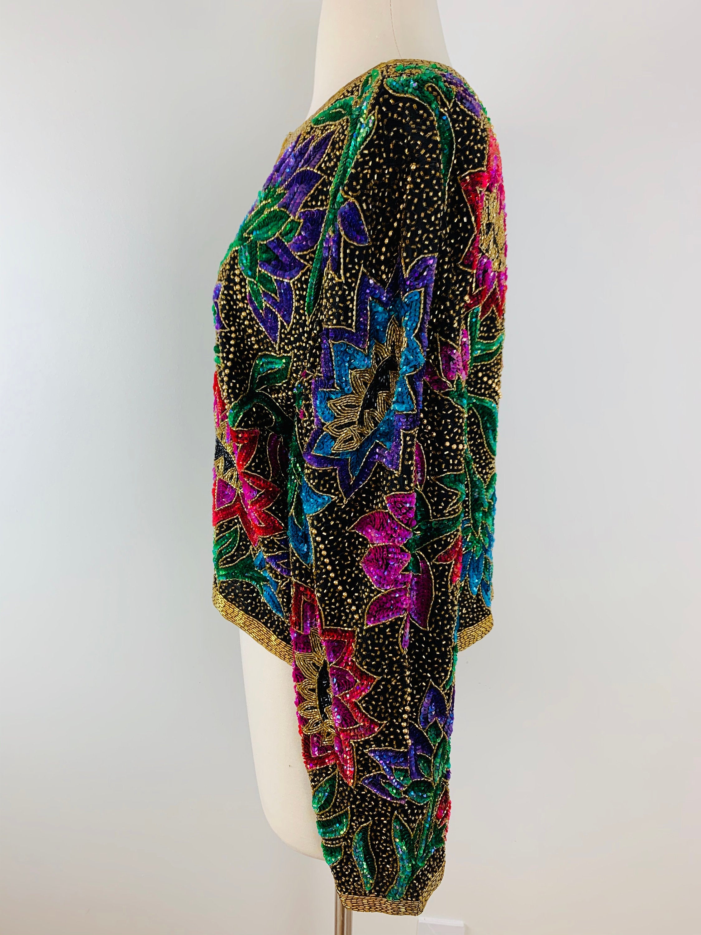 Vintage 80’s Black Multicolor Floral Beaded And Sequin Jacket | Shop ...