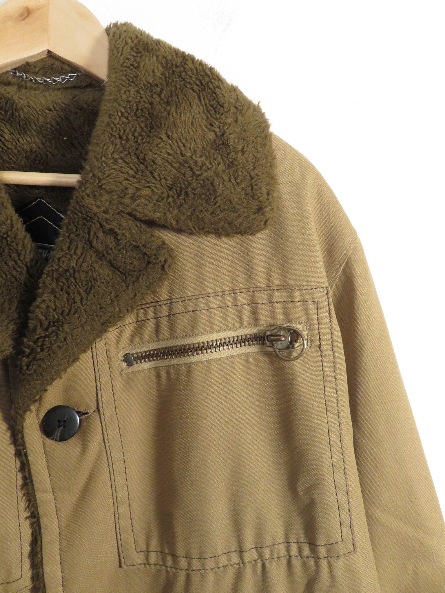 Vintage 70s Tan Canvas Heavy Overcoat with Brown Faux Fur Lining by ...